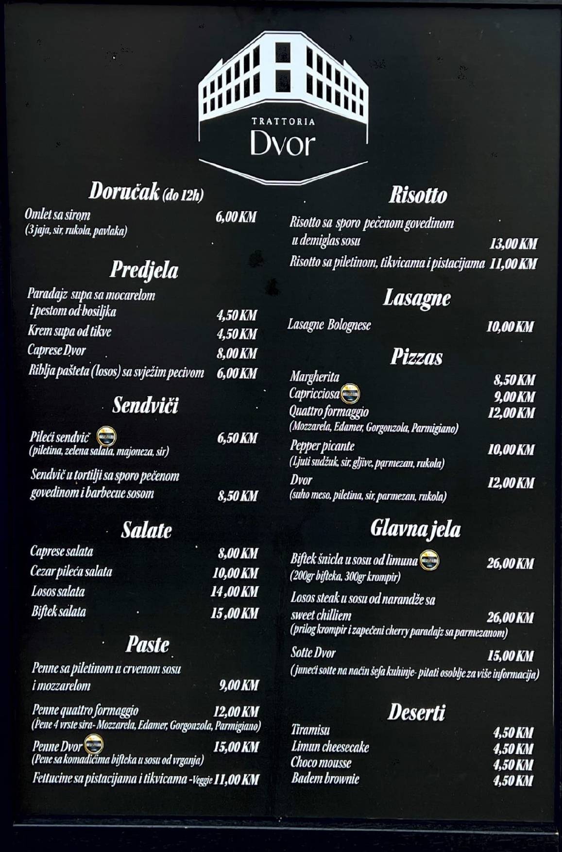 Menu at Trattoria Dvor restaurant, Sarajevo