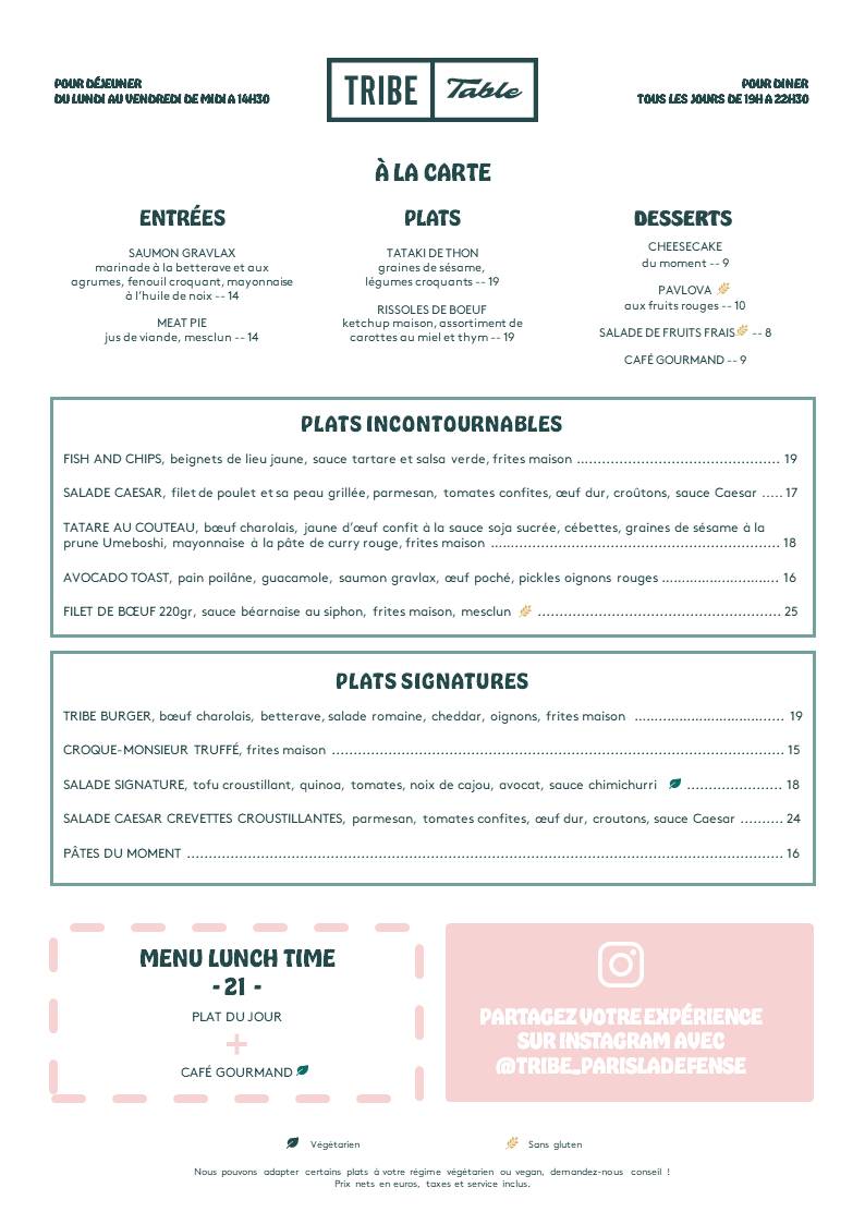 Menu au Tribe Table restaurant, Courbevoie