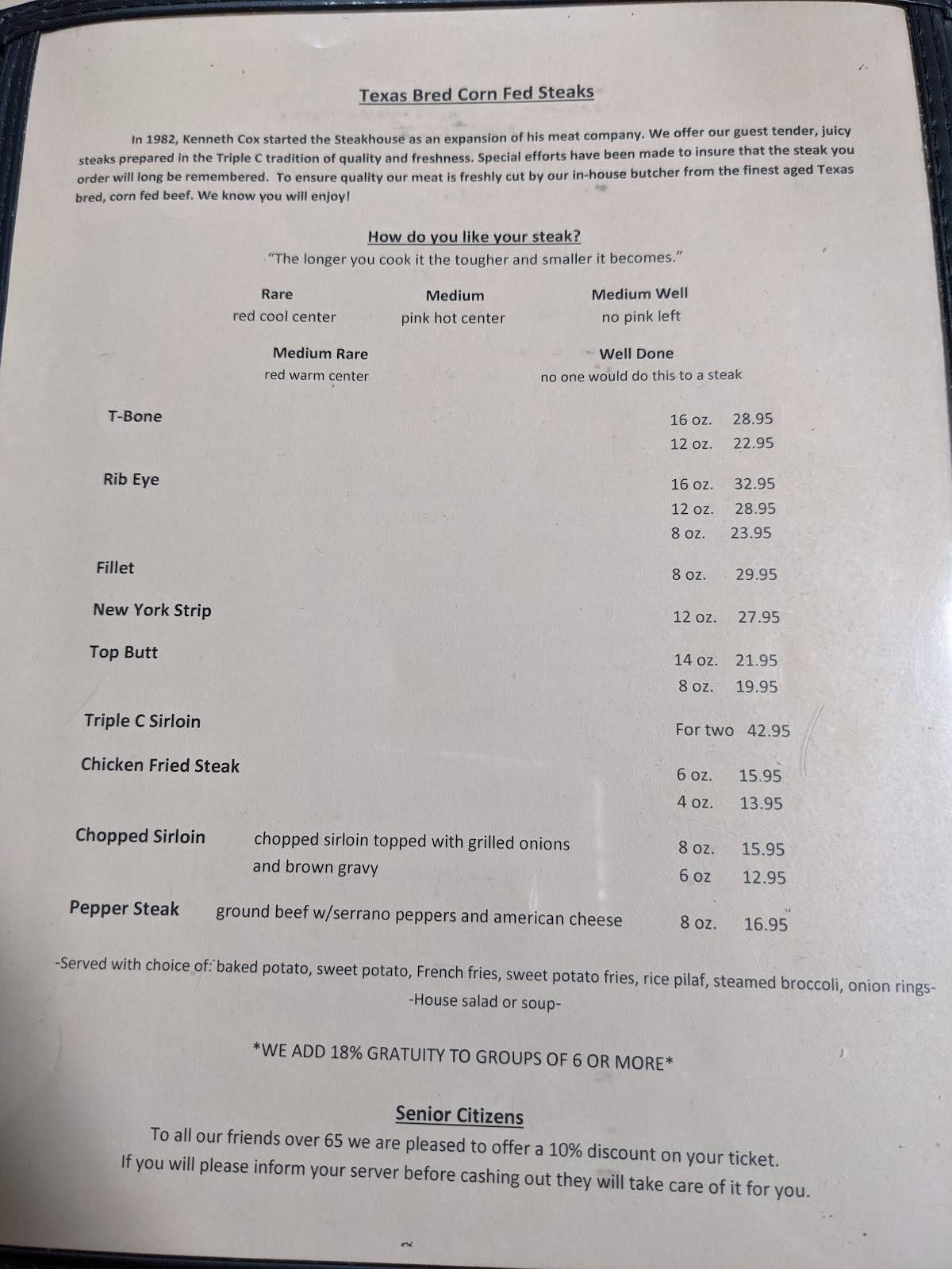 Menu at Triple C Steakhouse, Devine