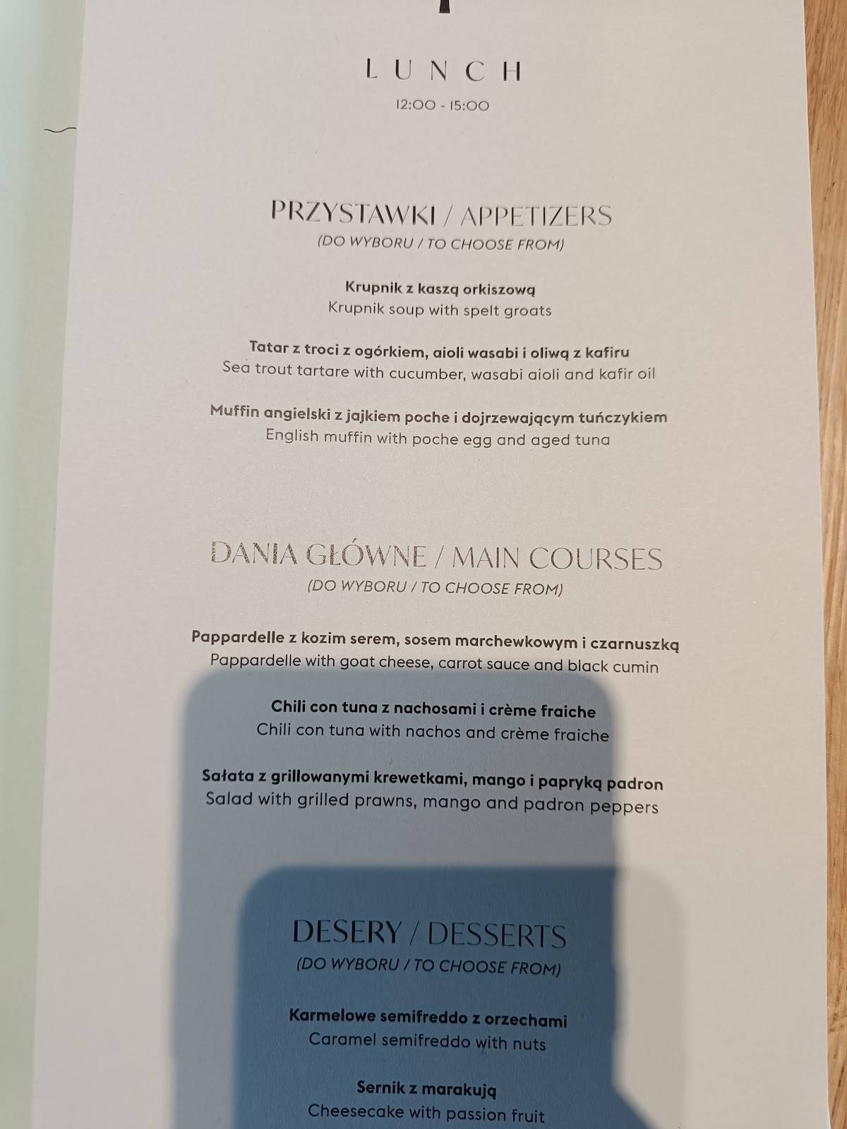 Menu at Tuna by Martin Gimenez Castro restaurant, Warsaw