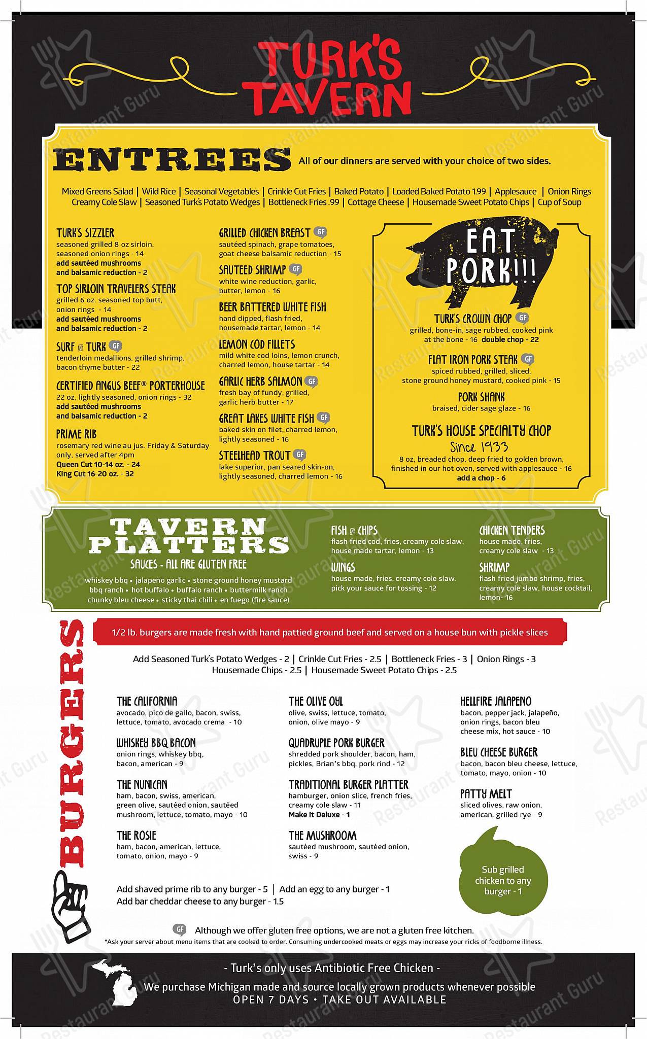 Menu at Turk's Tavern restaurant, Nunica