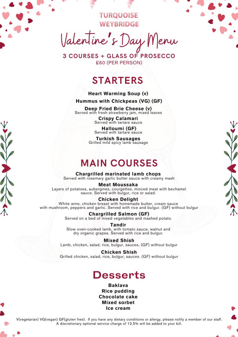 Menu at Turquoise Weybridge restaurant, Weybridge