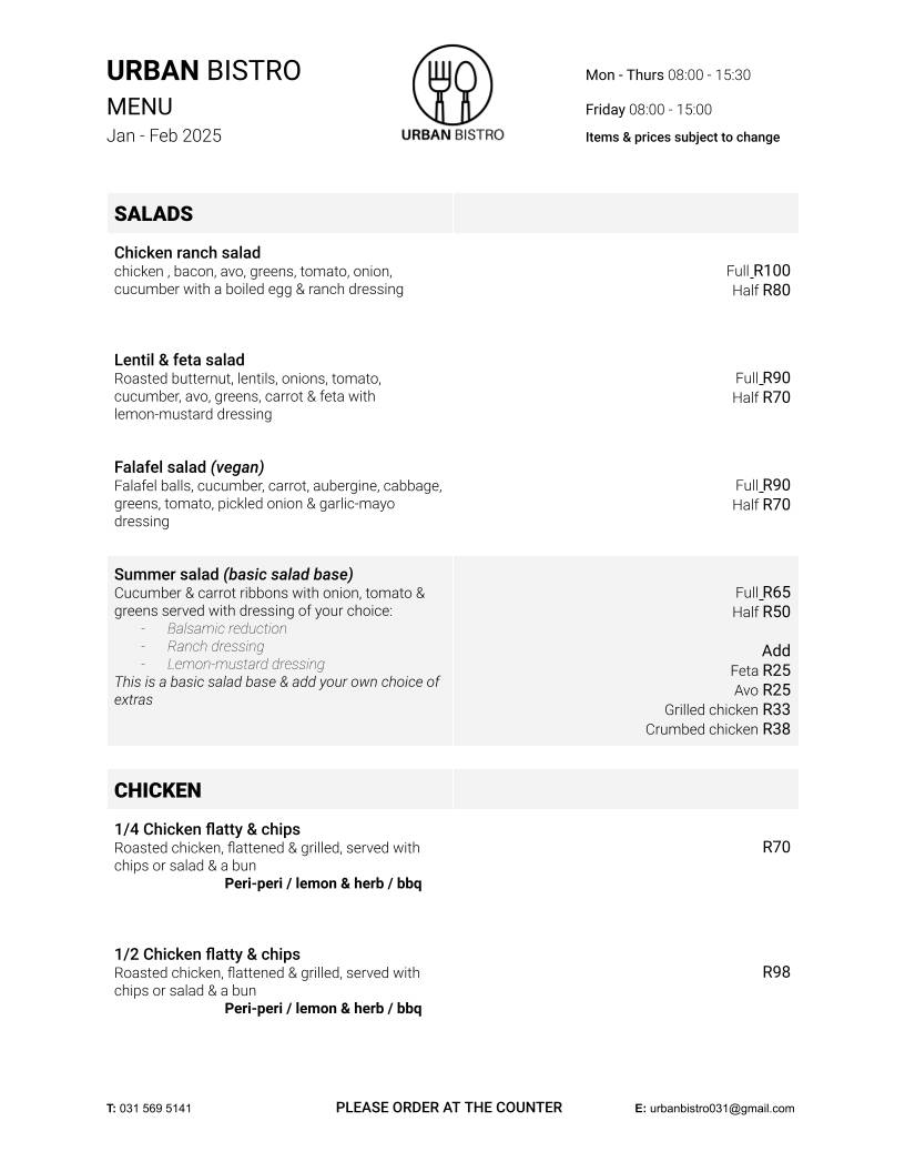 Menu at URBAN bistro, Durban