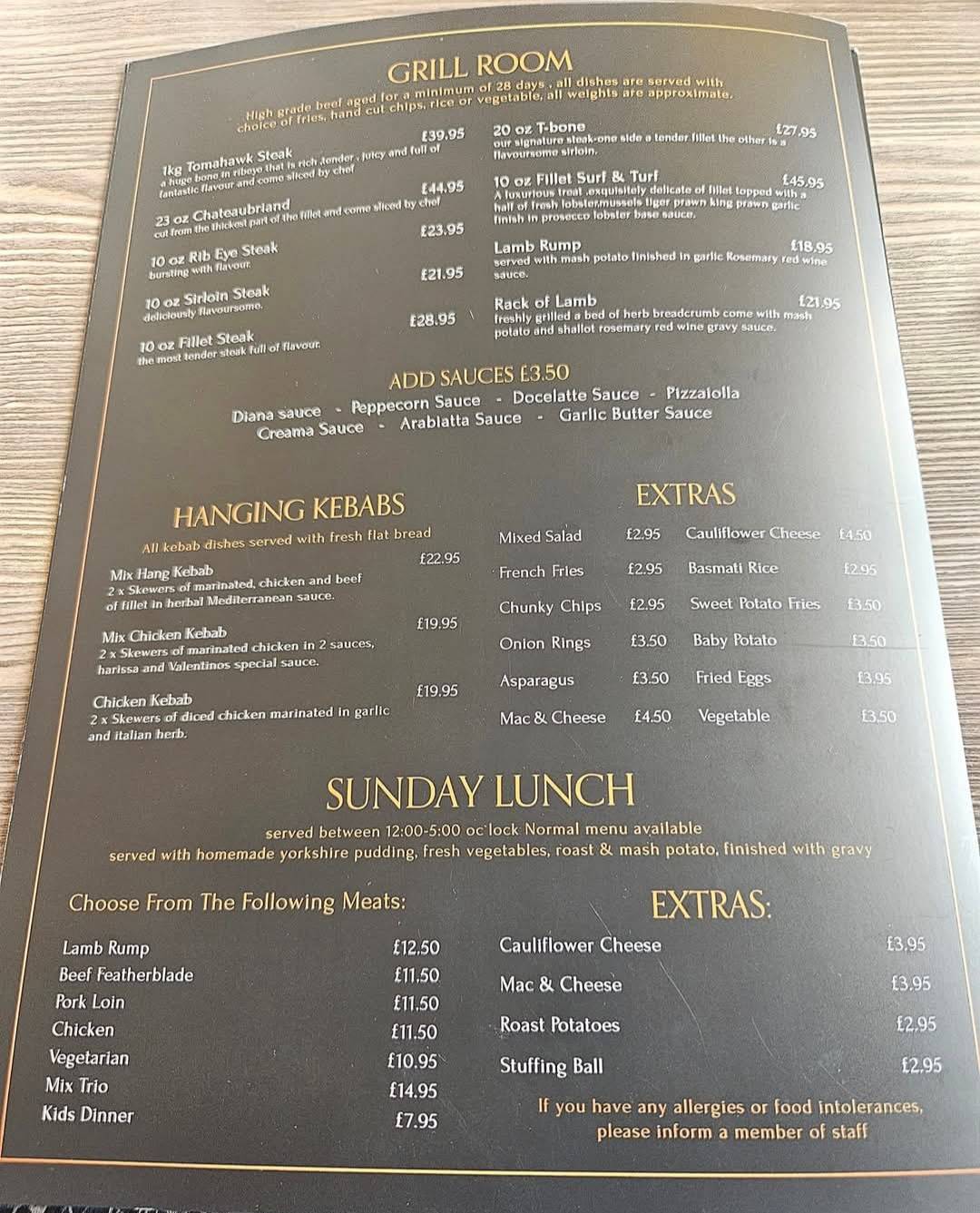 Menu at Valentino’s Italian restaurant bar & grill, Seaham