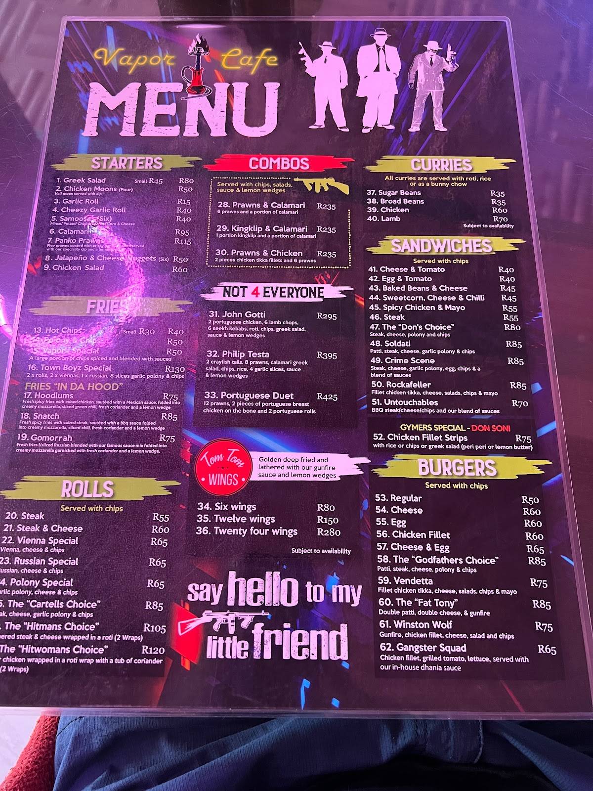 Menu at Vapor Cafe, Durban