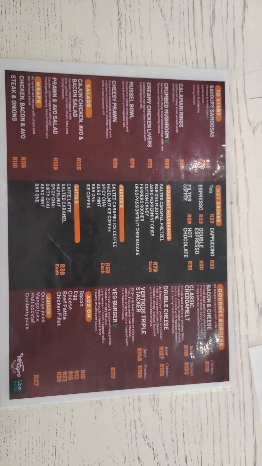 Menu at Vertigo's restaurant, Scottburgh