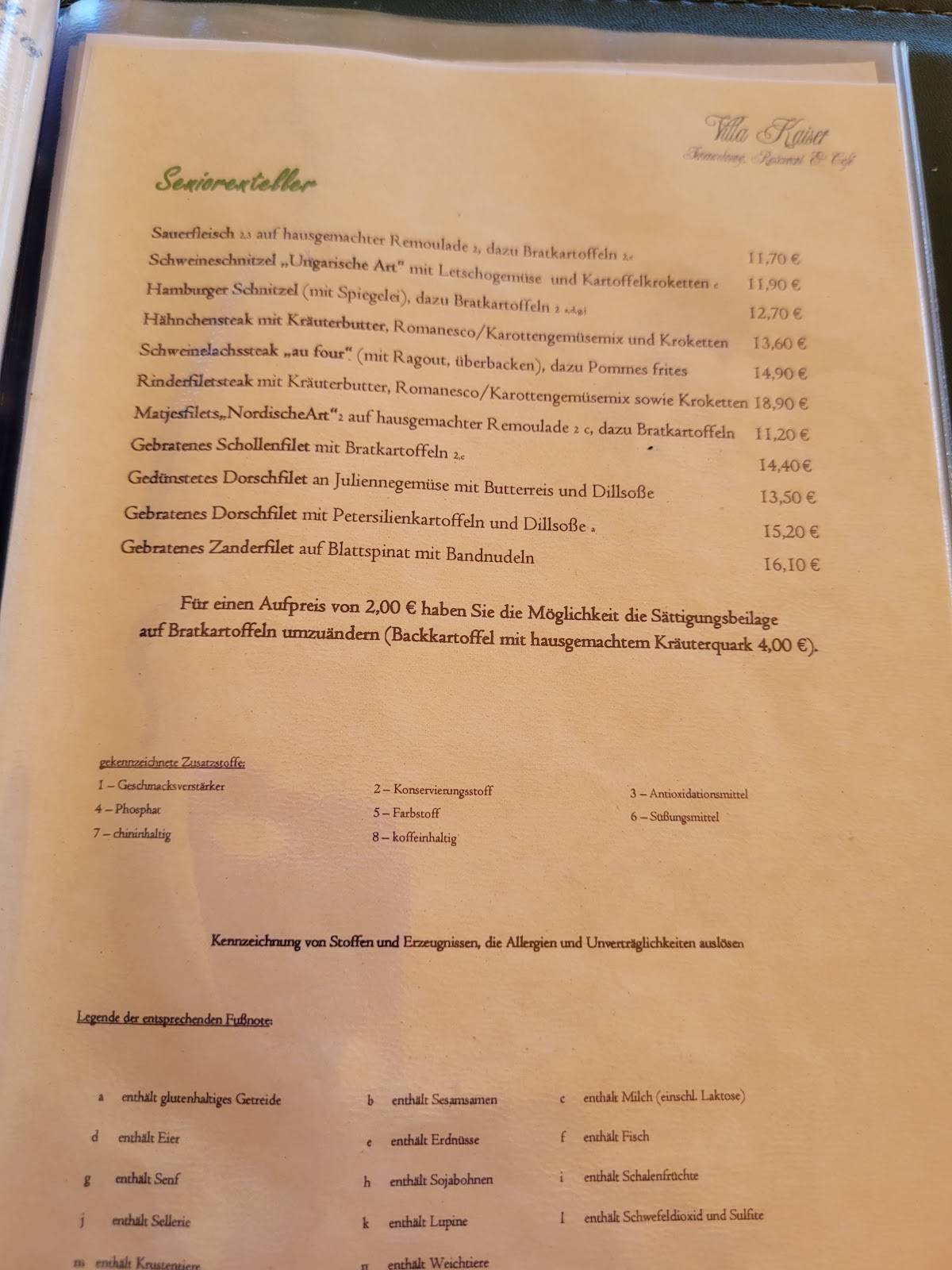 Speisekarte von Villa Kaiser - Apartment & Restaurant, Kühlungsborn