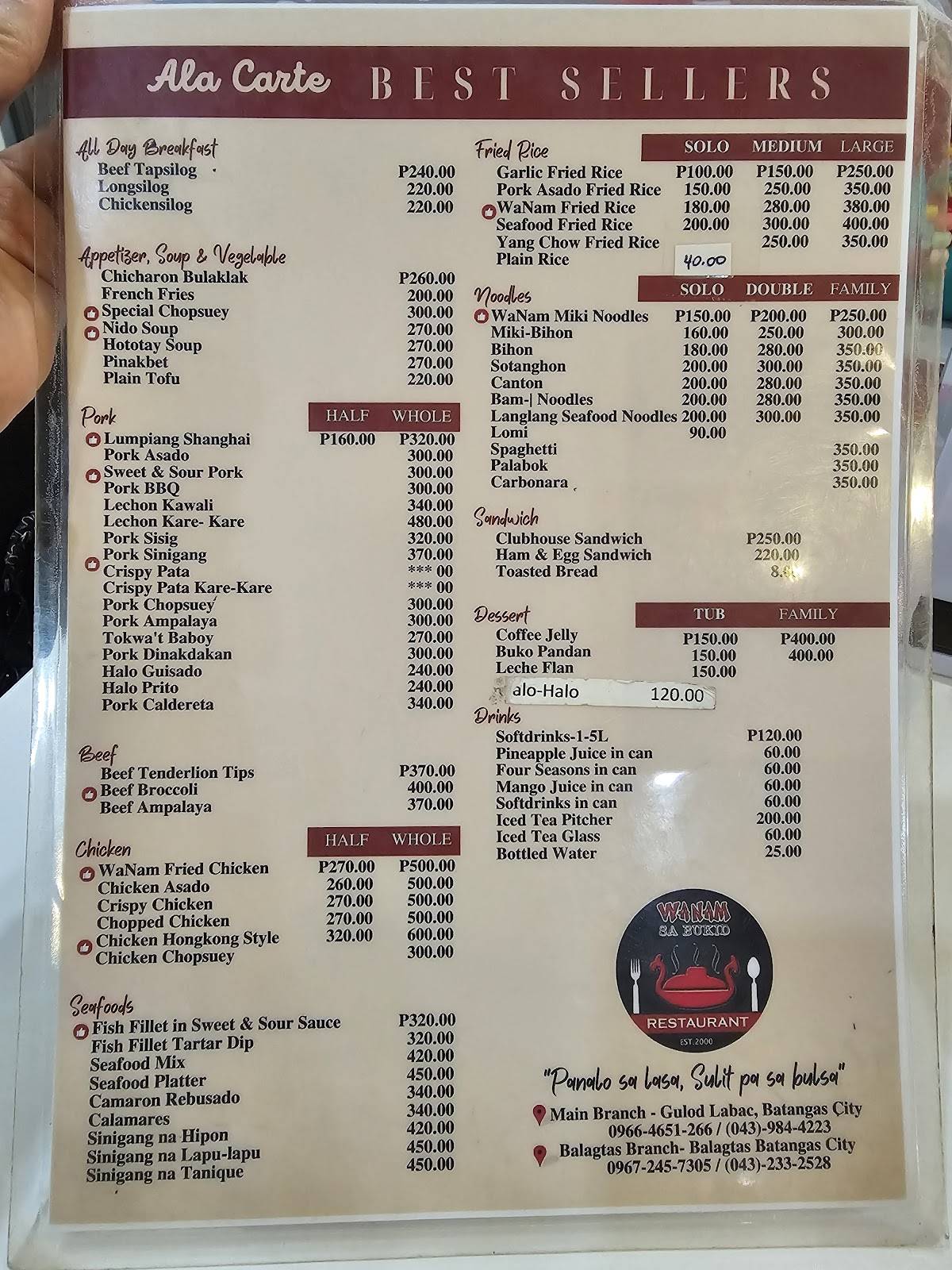 Menu at Wanam sa Bukid restaurant, Batangas