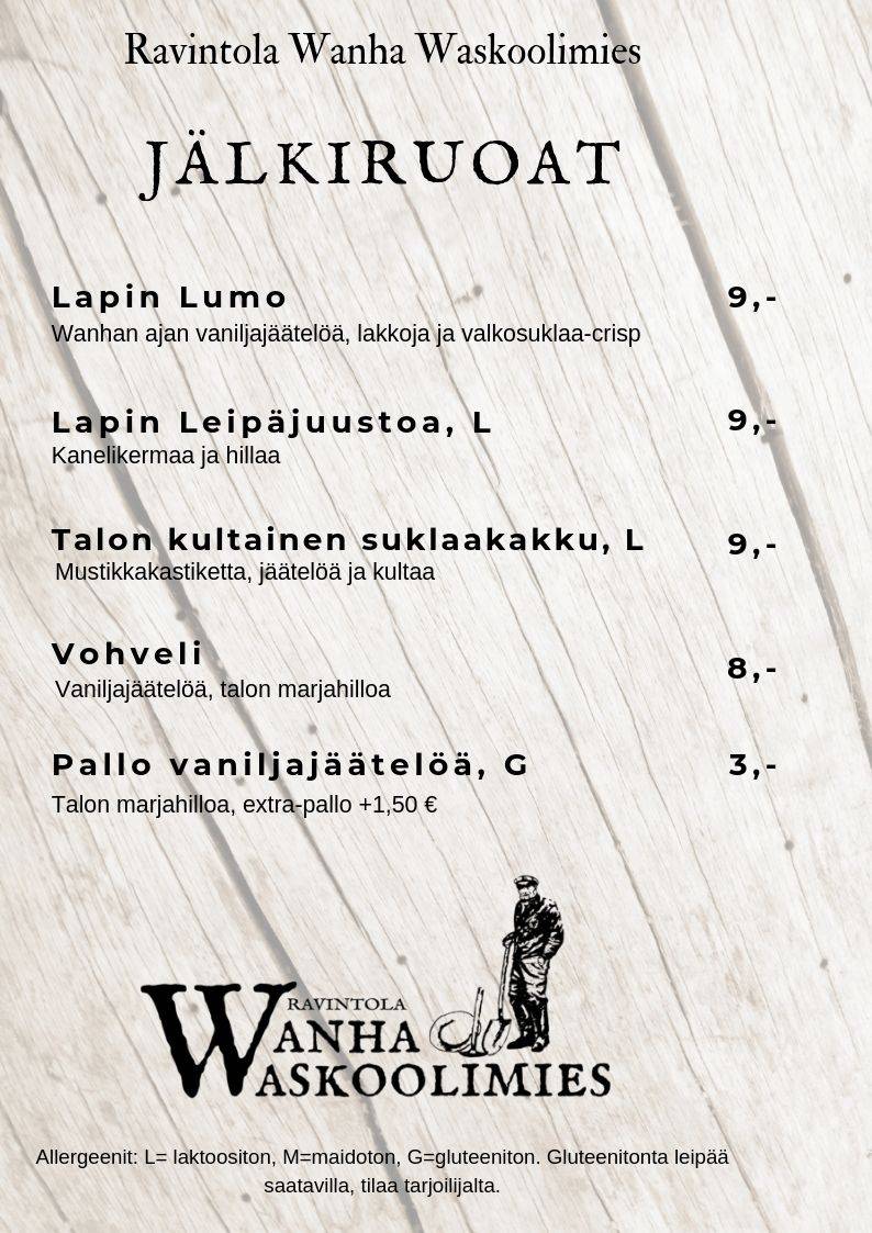 Menu at Wanha Waskoolimies restaurant, Tankavaara