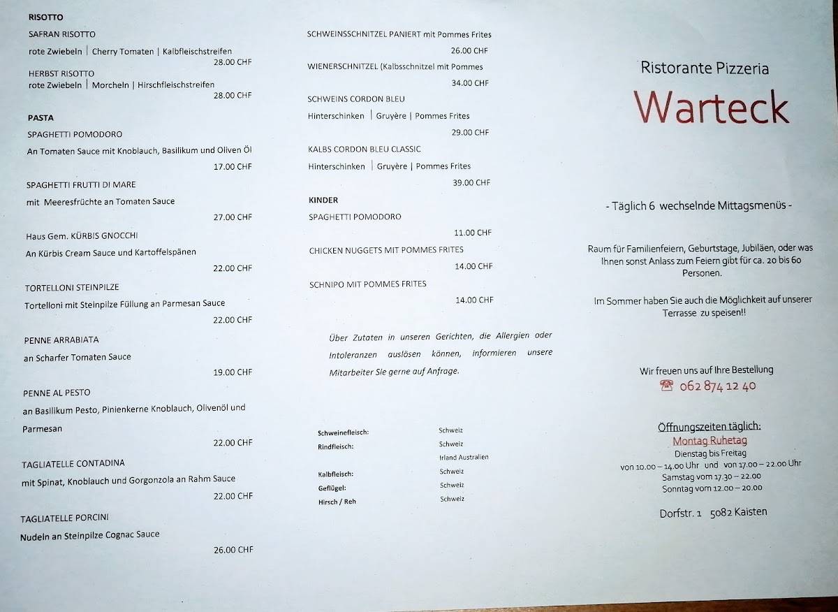 Speisekarte von Restaurant Warteck, Kaisten, Dorfstrasse 1