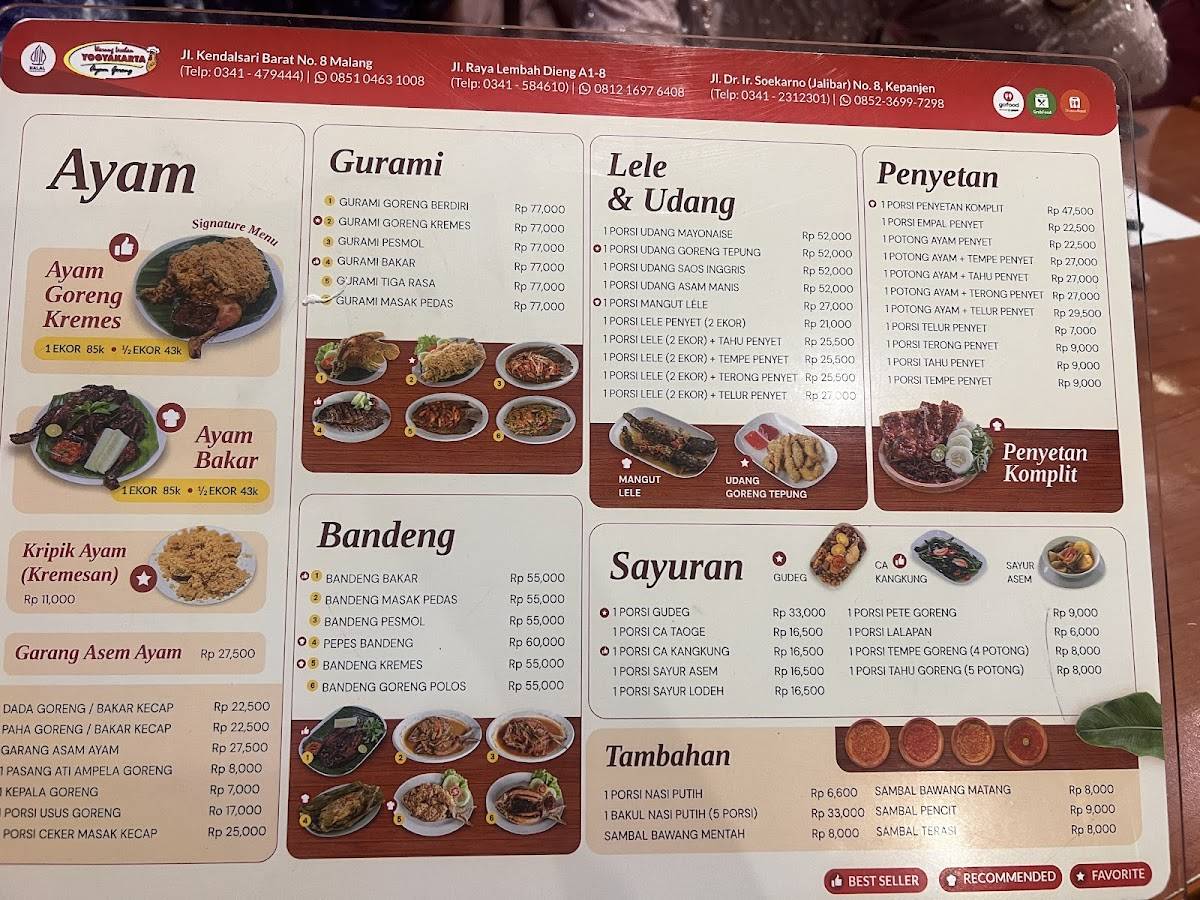 Menu at Warung Lesehan Yogyakarta restaurant, Malang, Jl. Kendal Sari ...