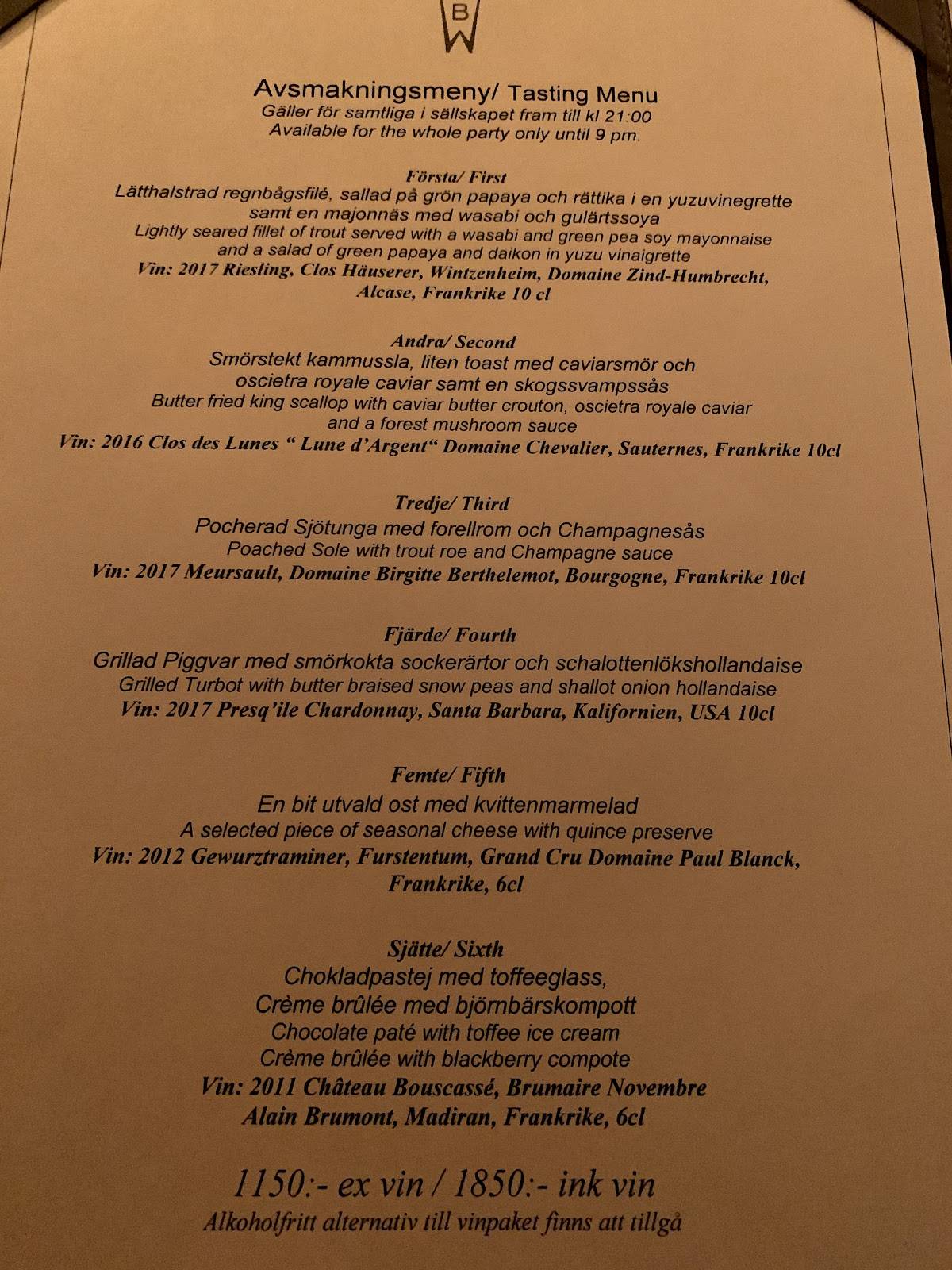 Menu at Wedholms Fisk restaurant, Stockholm