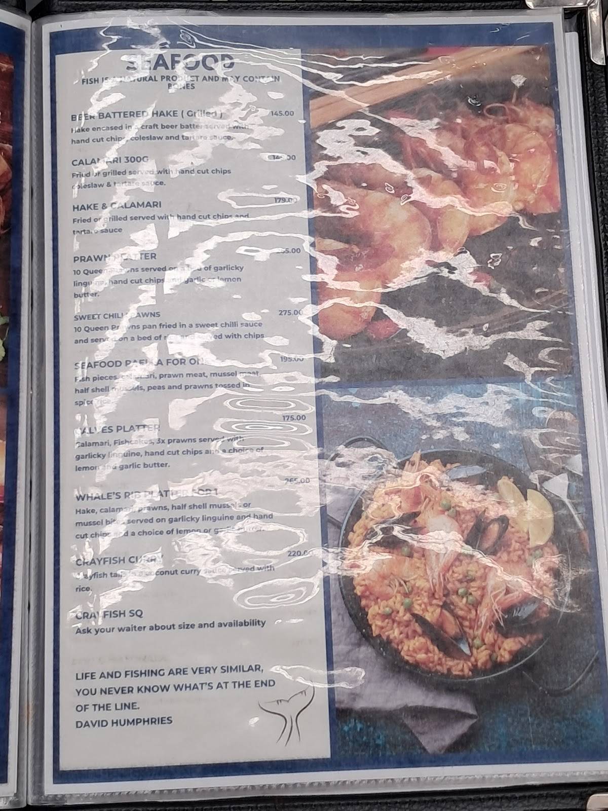 Menu at Whale's Rib Paternoster restaurant, Paternoster