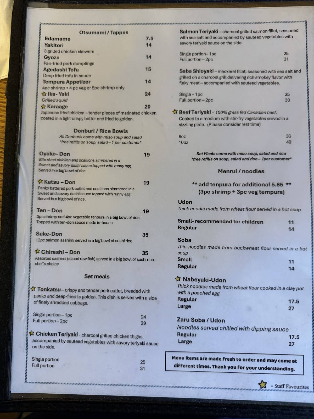 Menu at YUKIGUNI restaurant, Niagara Falls