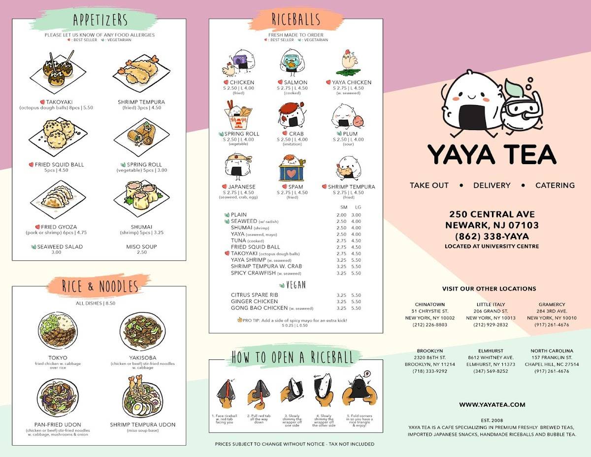 Menu at Yaya Tea Newark restaurant, Newark