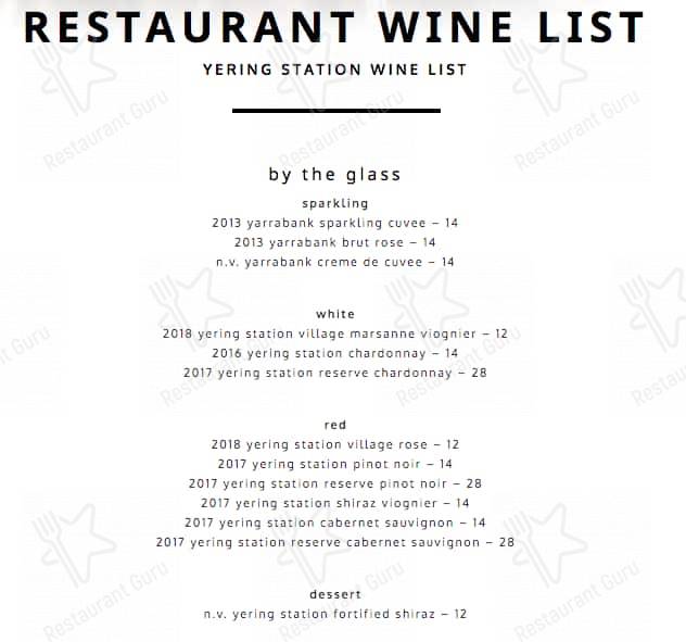 Menu at Yering Station Winery pub & bar, Yering