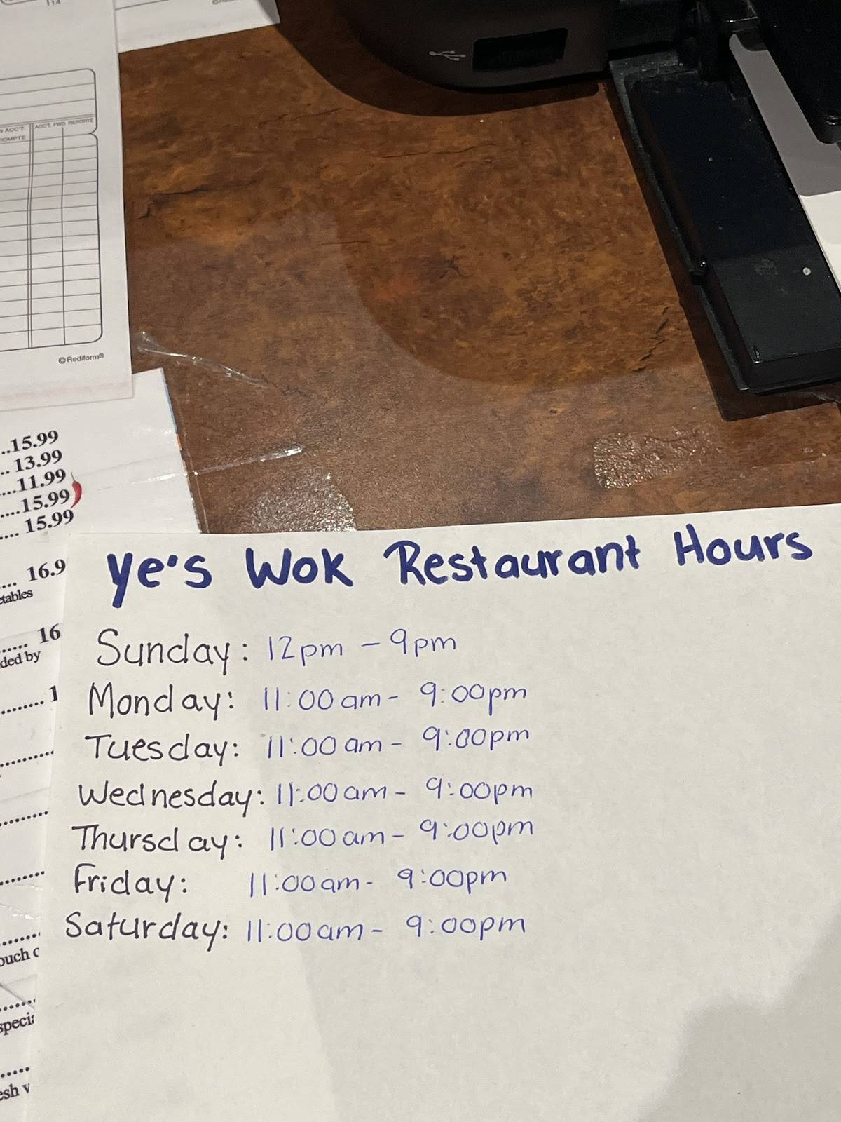 Menu at Ye's Wok Restaurant, Paradise