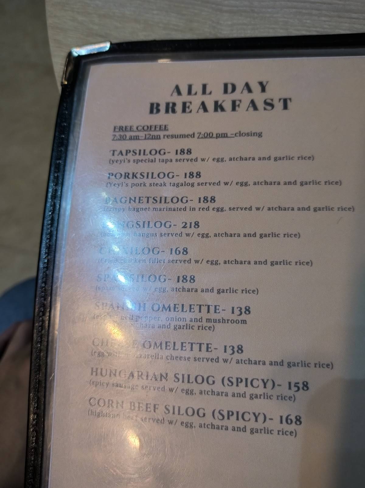 Menu at Yeyi's Pizzeria & Café, Tanay