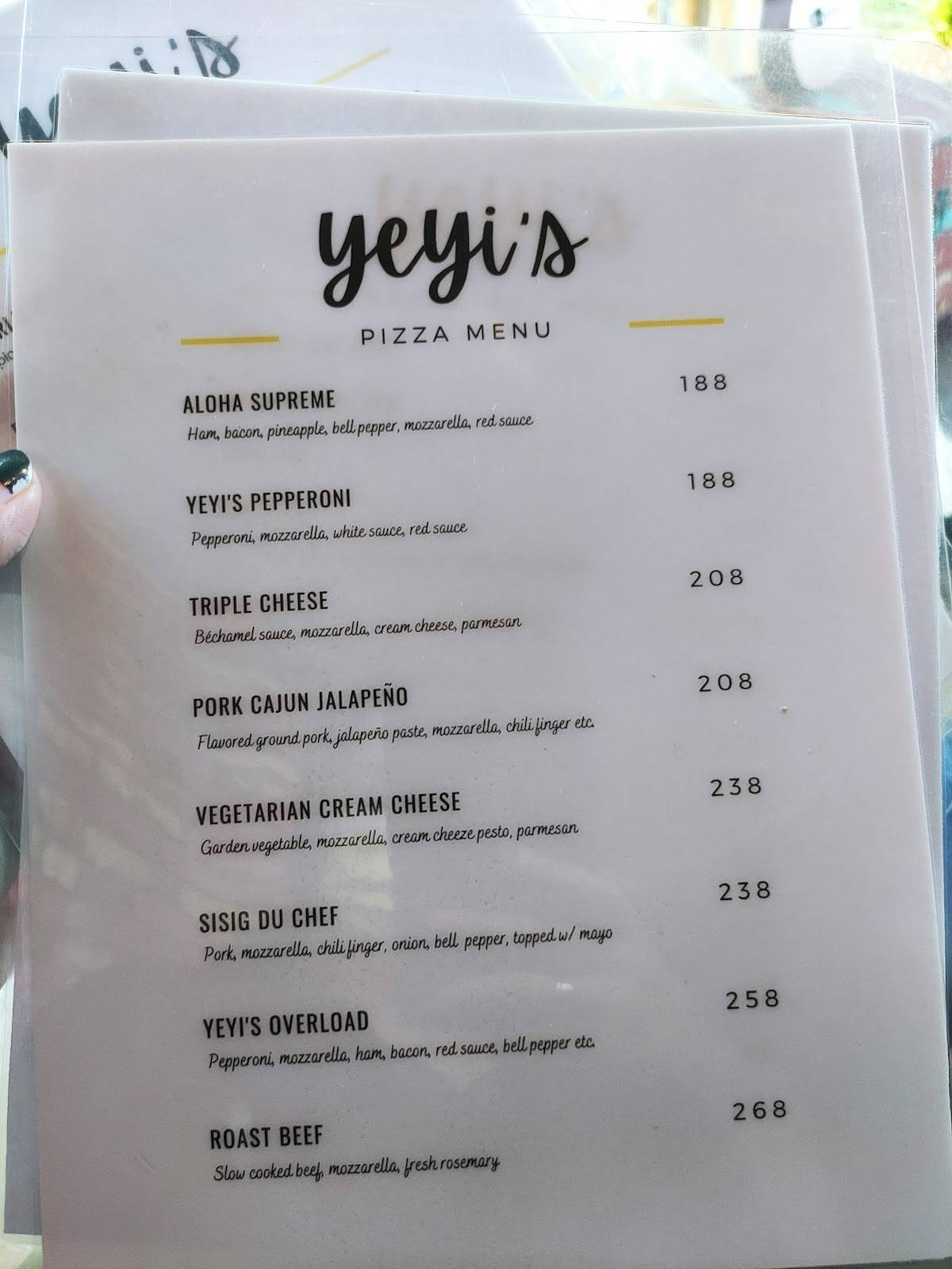 Carta de Yeyi's Pizzeria & Café, Tanay