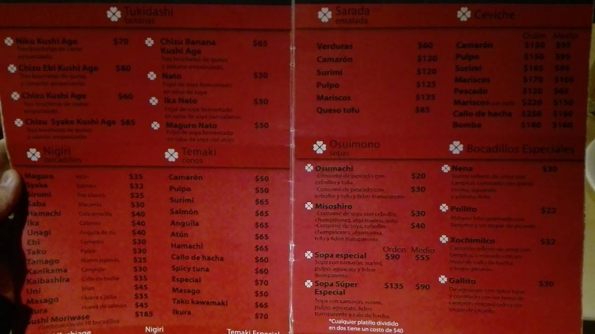 Carta del restaurante Yotsuba Sushi Norte, Aguascalientes, Plaza Privilege