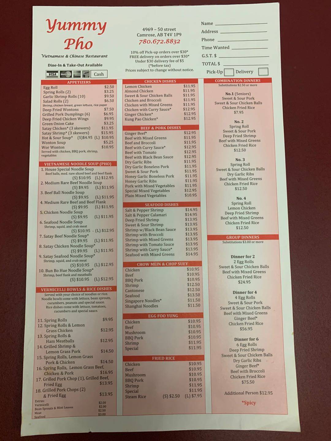 Menu at Yummy Pho Restaurant, Camrose