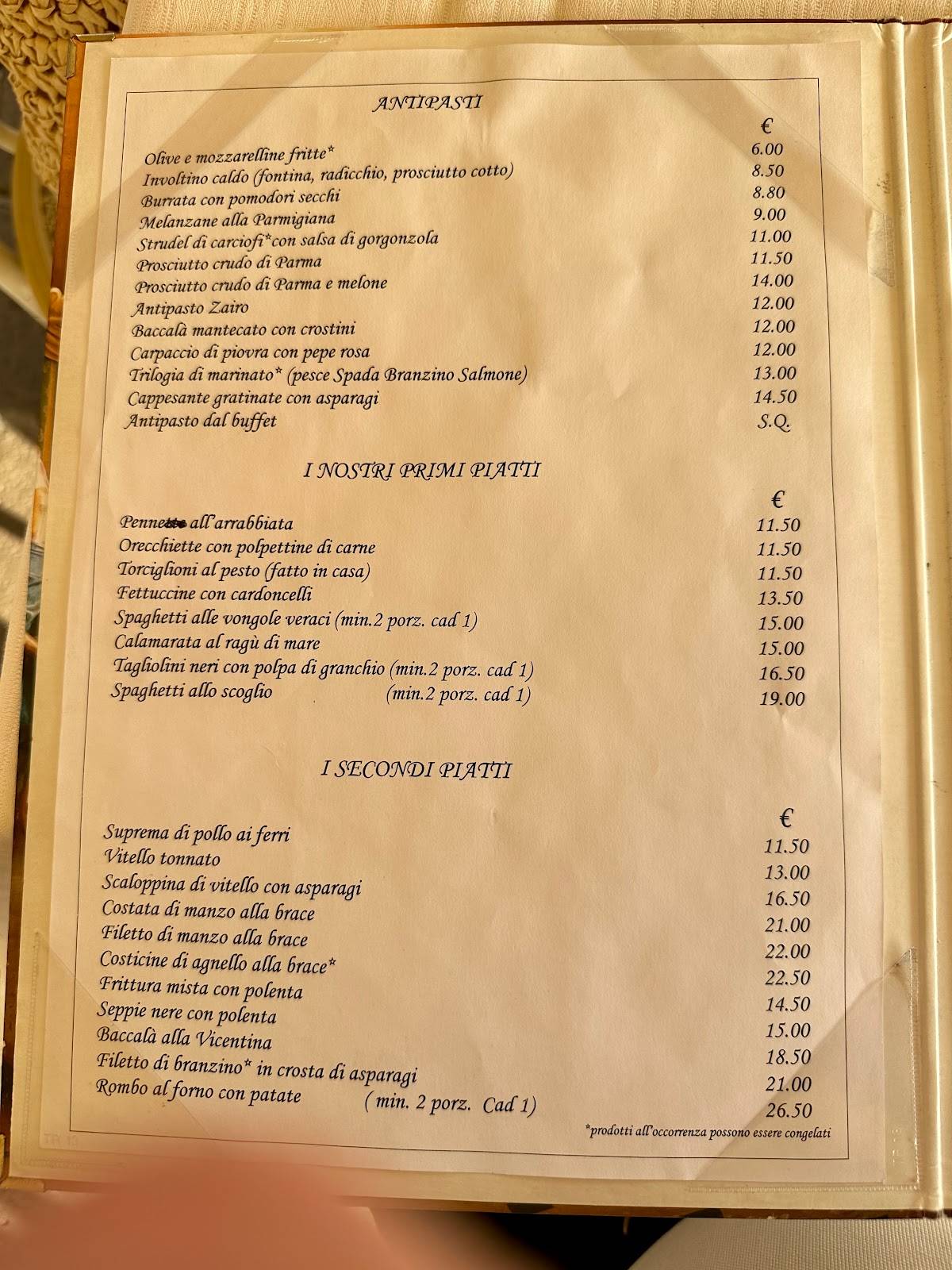 Menu da Ristorante Zairo, Padova