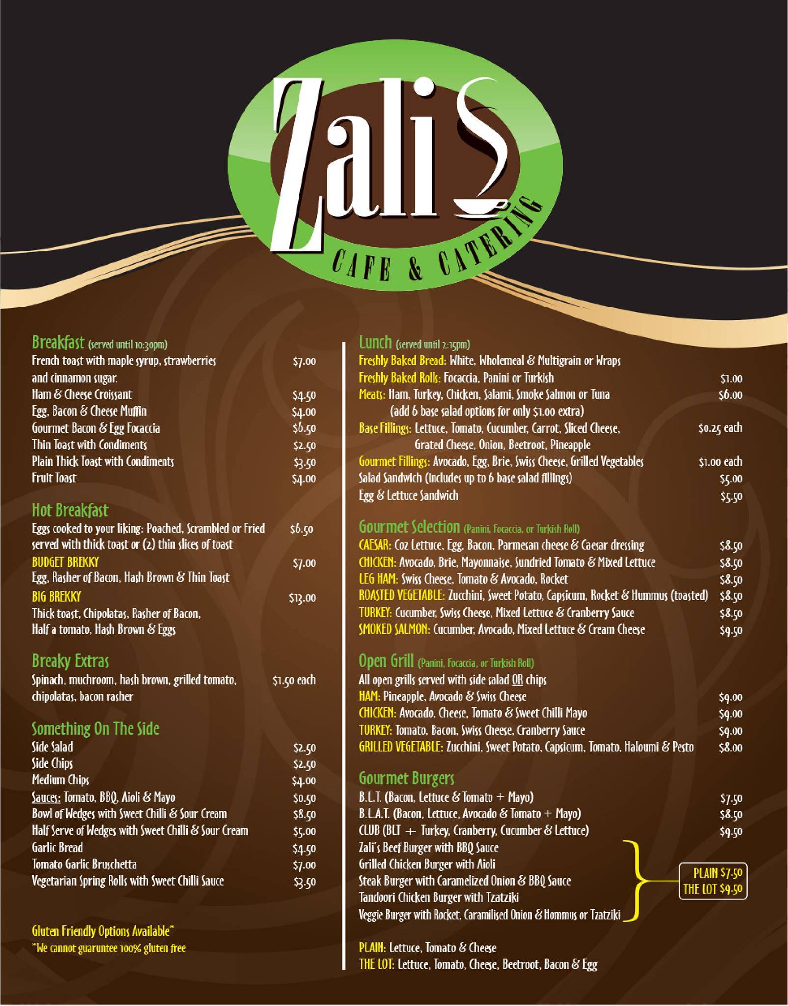 Menu at Zali's Cafe & Catering, Eight Mile Plains