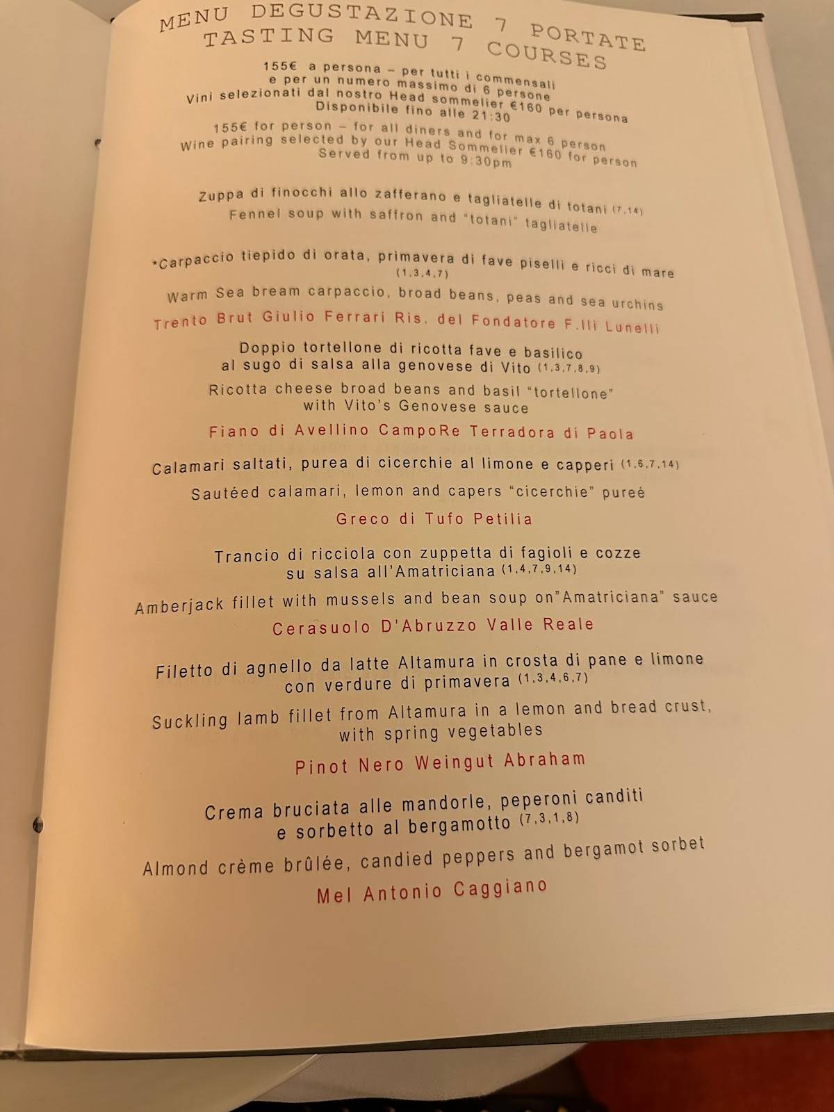 Menu at Zass restaurant, Positano