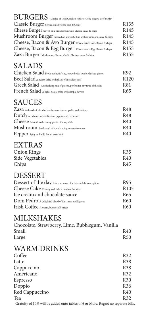 Menu at Zaza Beach Club, East London