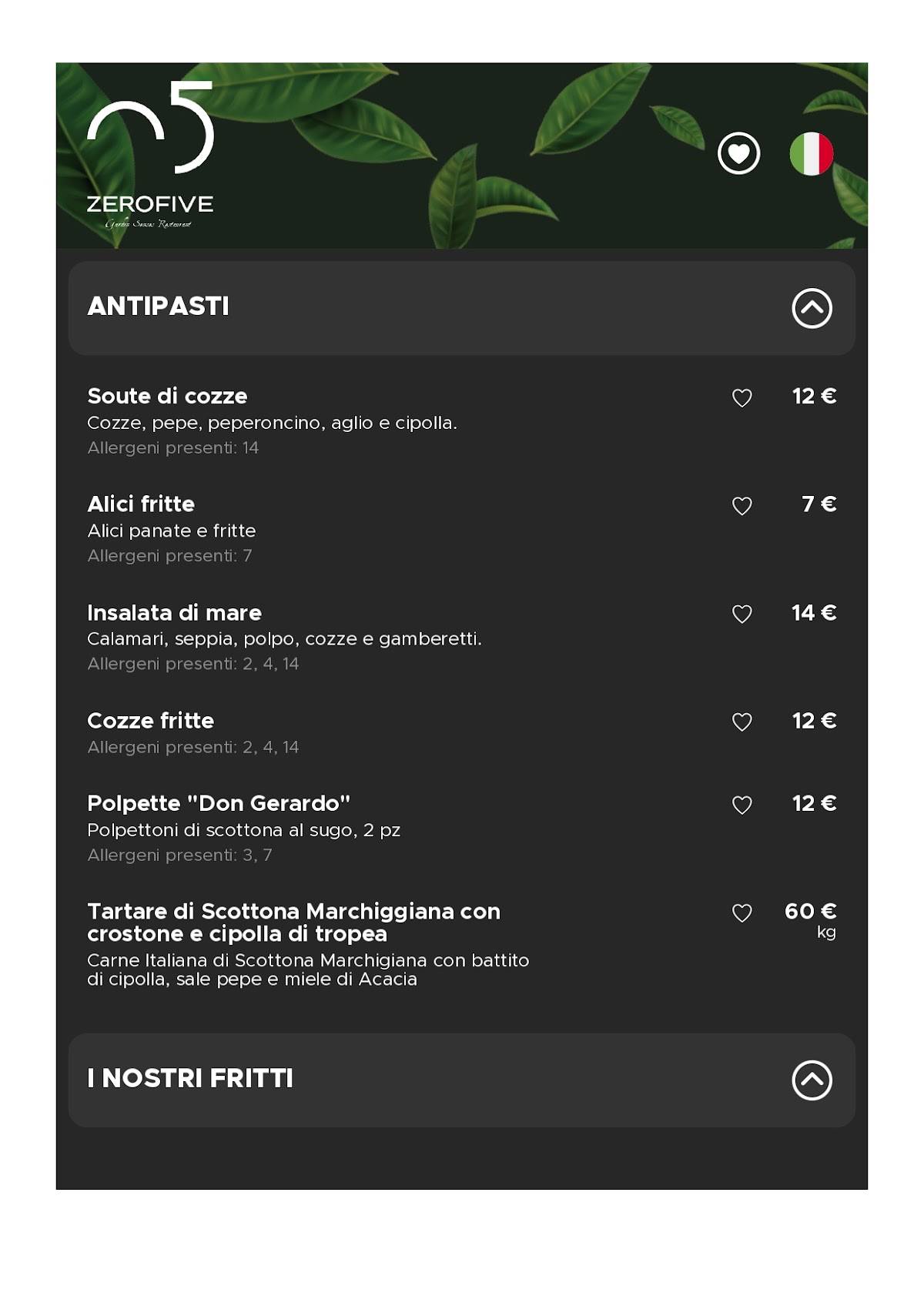 Menu au Zero Five - Drink & Food Experience restaurant, Capilungo
