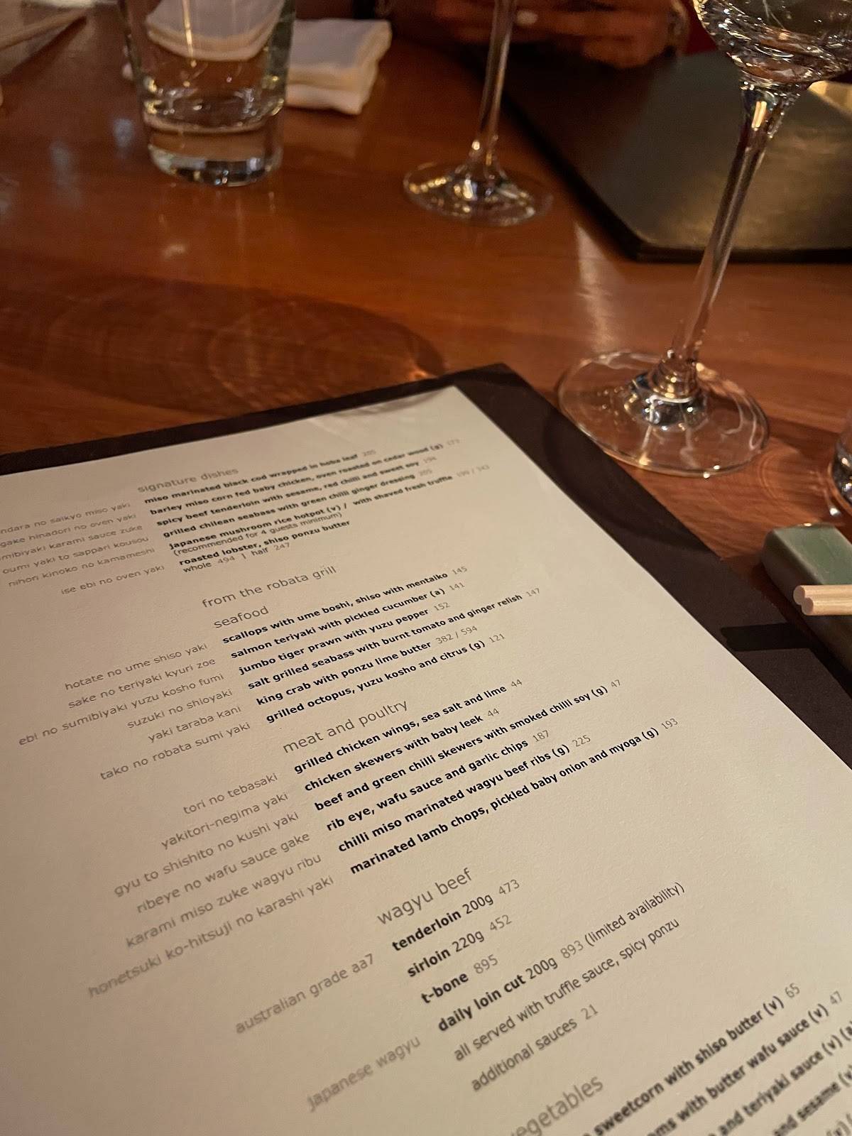 Carta del restaurante Zuma Dubai, Dubai