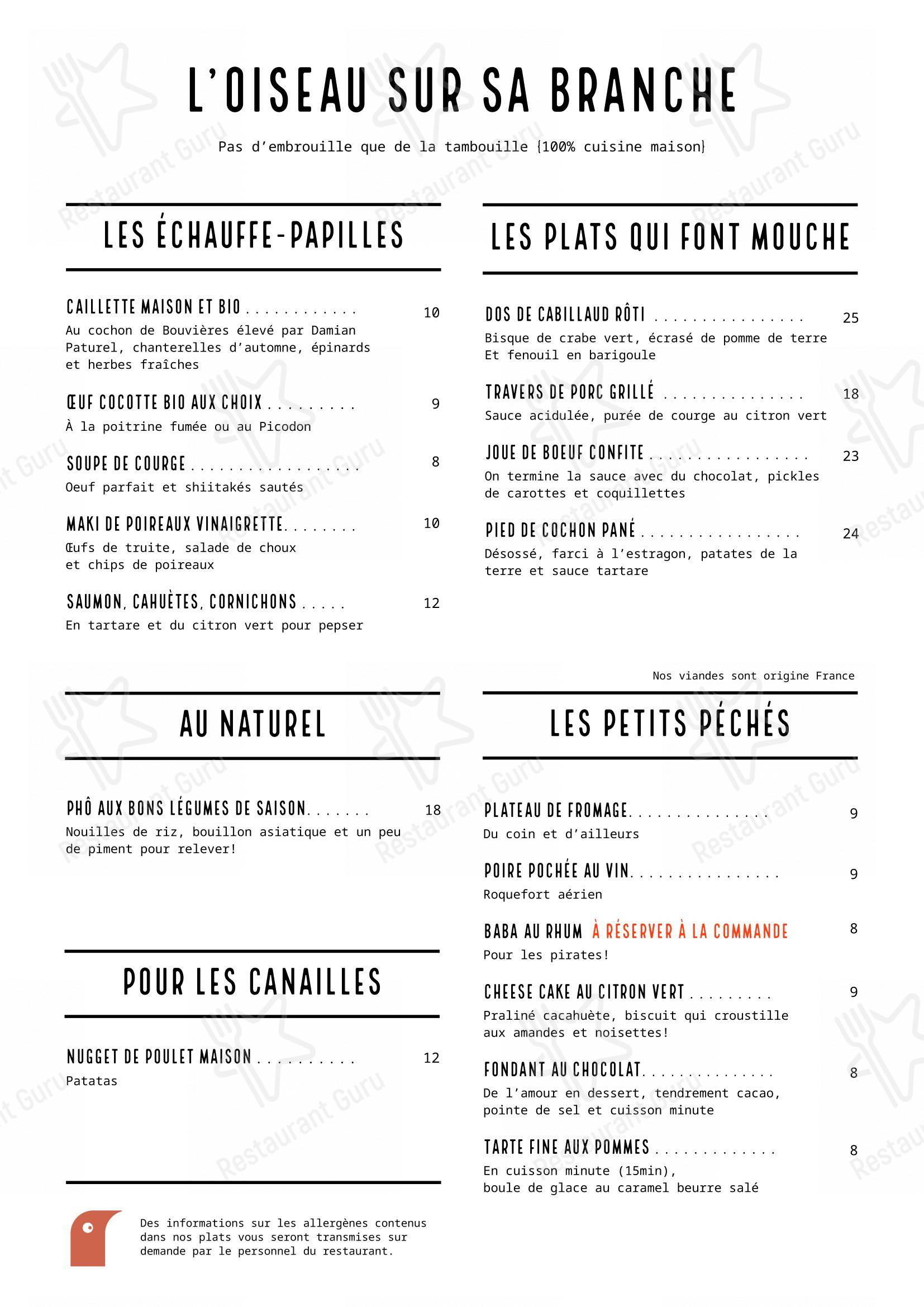 Menu au l'oiseau sur sa branche restaurant, Saou