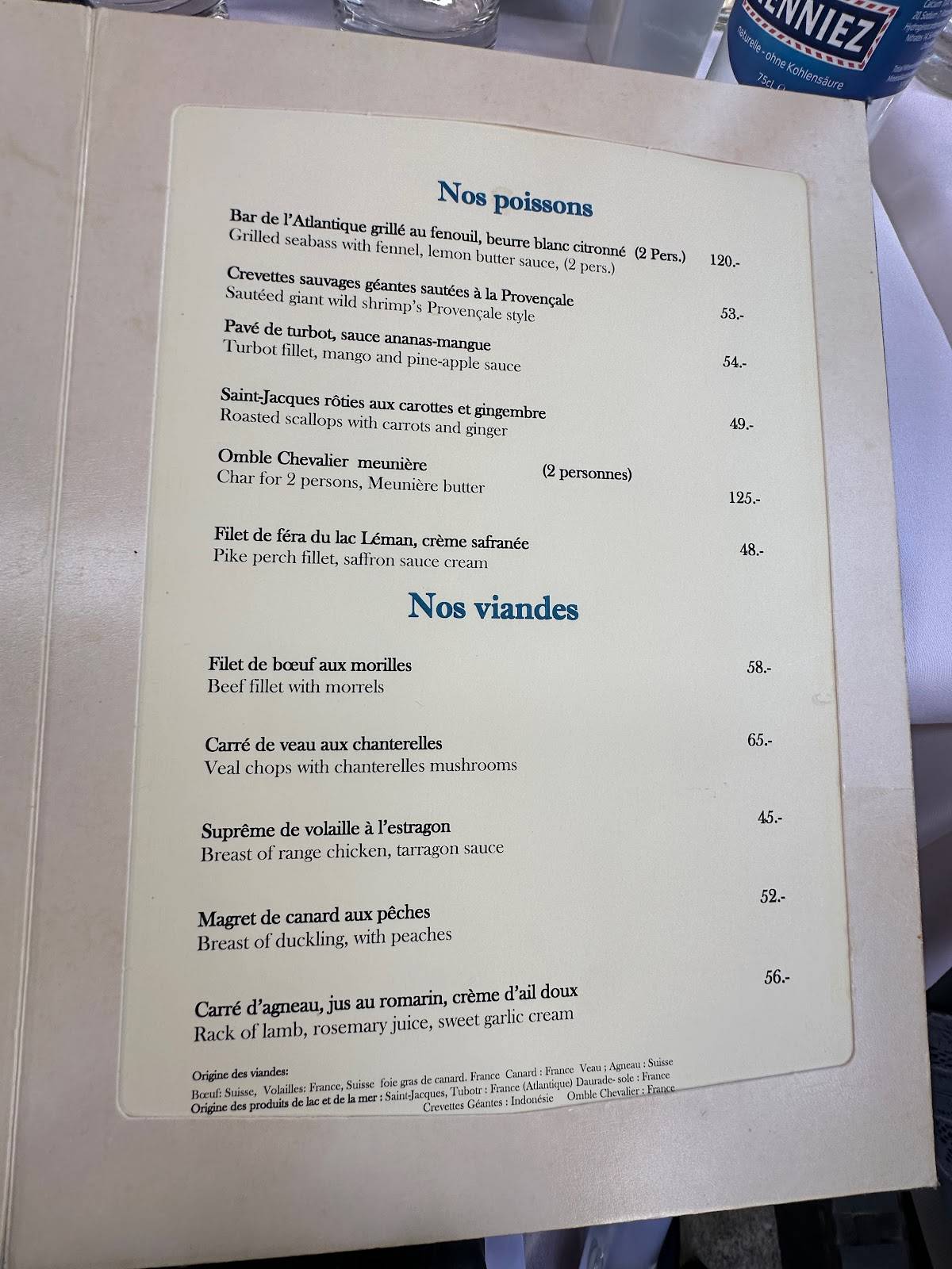Menu at Restaurant la Perle du Lac, Geneva, Rue de Lausanne 126