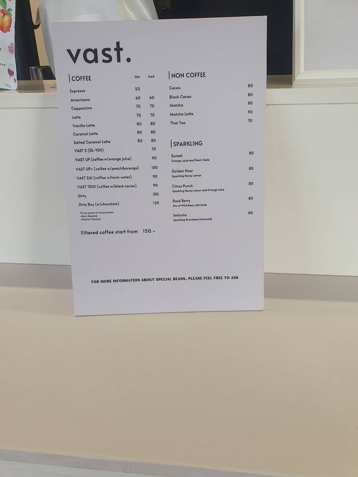 Menu at vast.coffee restaurant, Bangkok