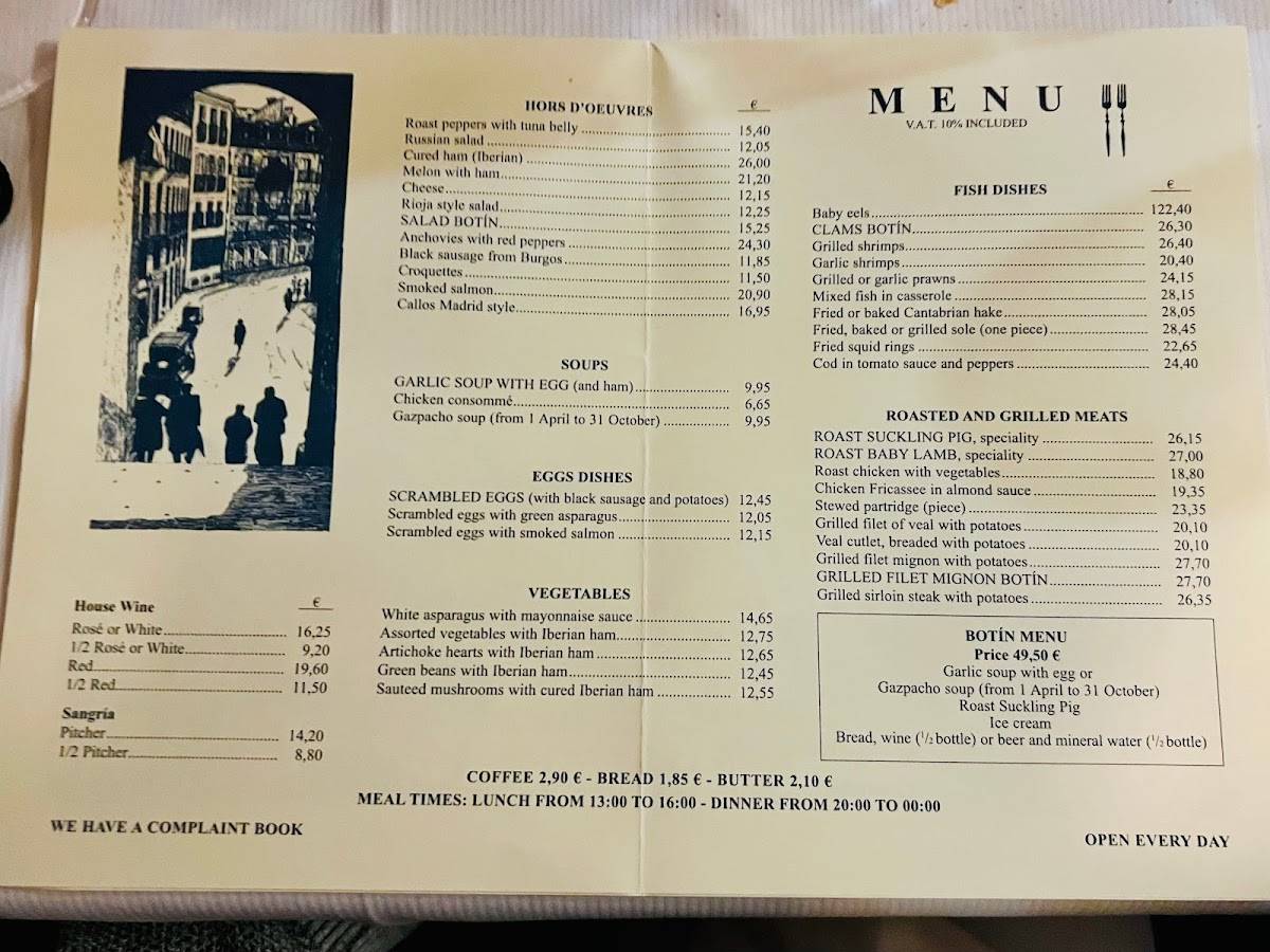 Menu at Botín steakhouse, Madrid, C. de Cuchilleros