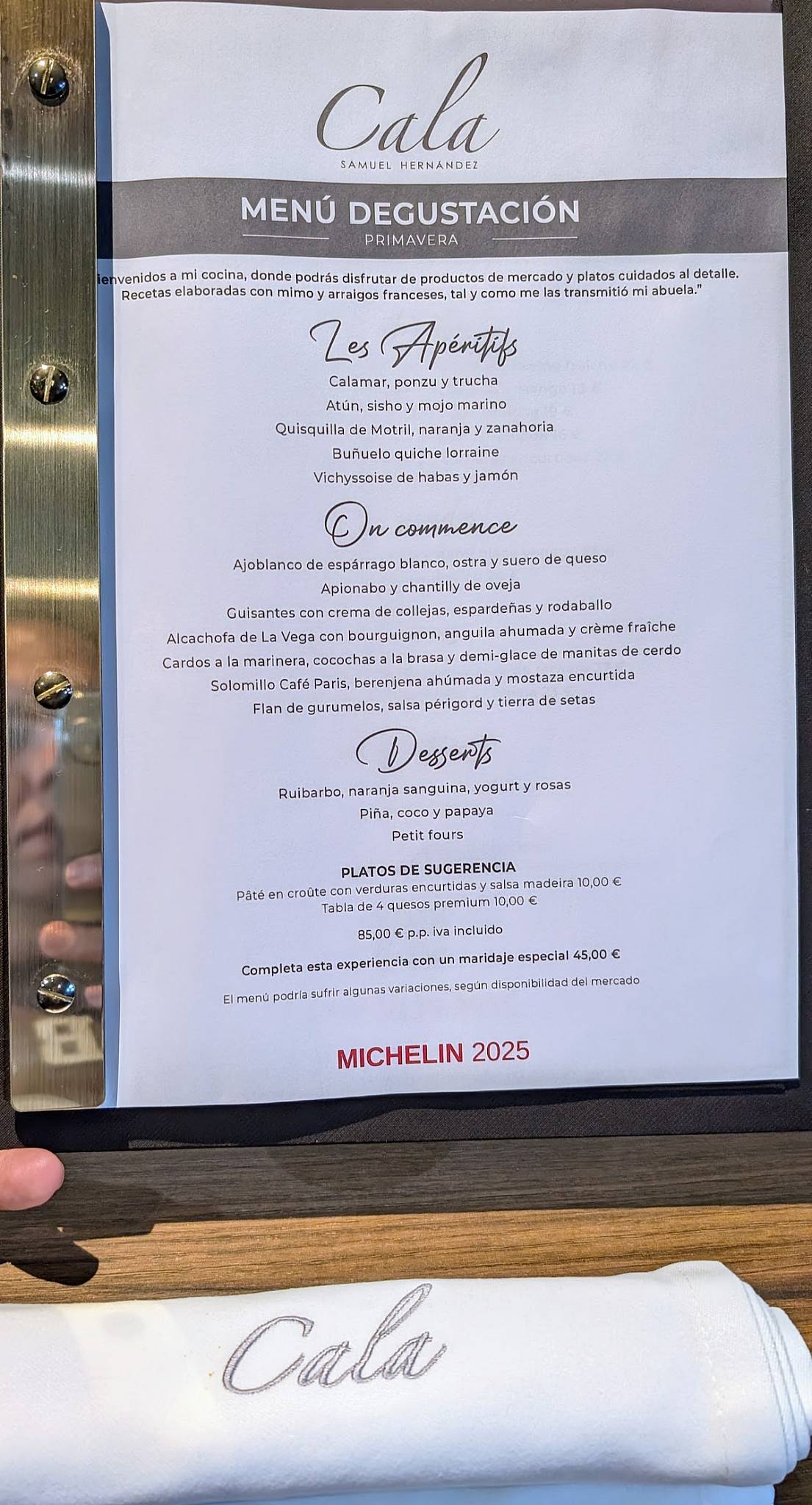 Menu at Restaurante Cala, Granada, C. José Luis Pérez Pujadas