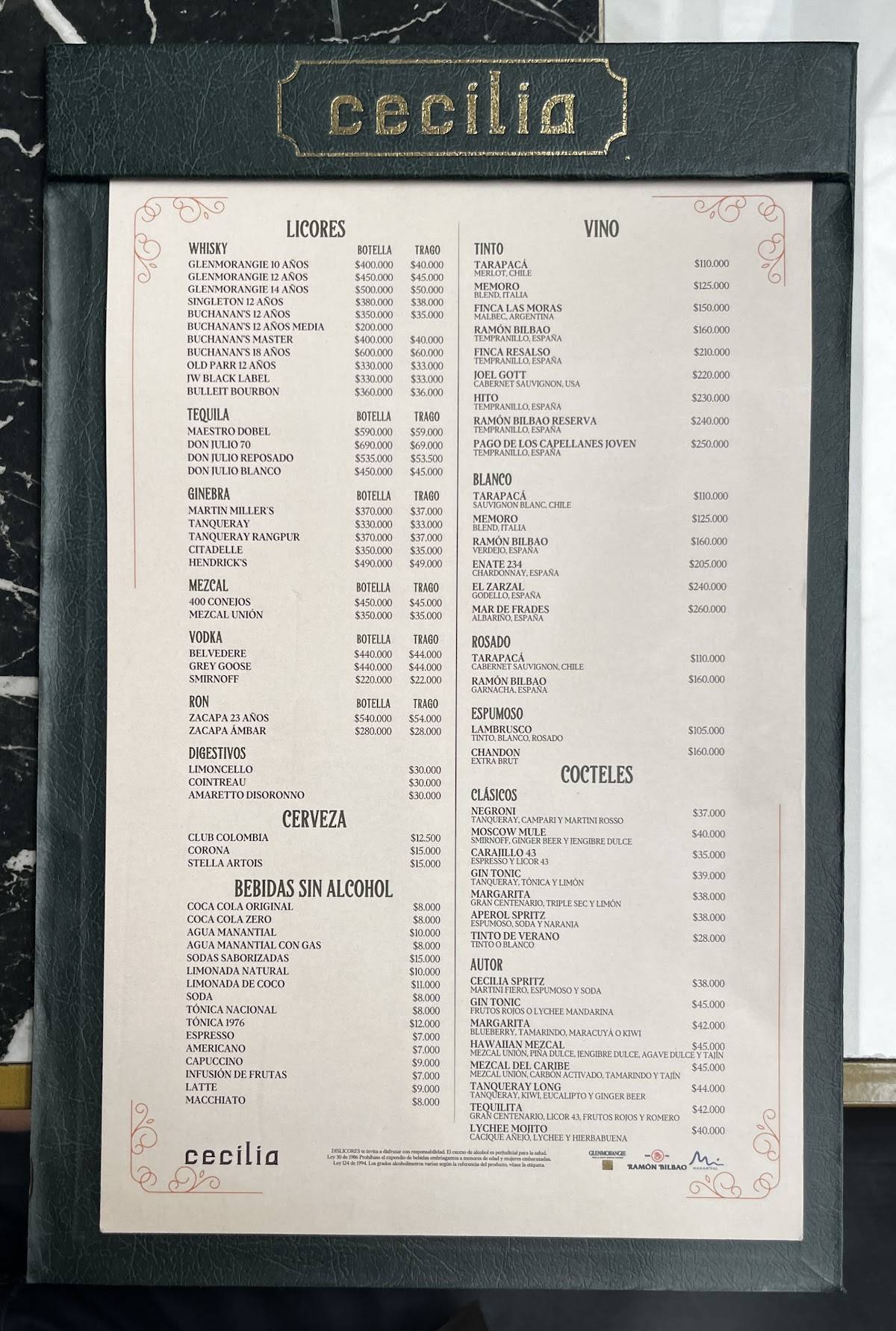 Carta de Restaurante Cecilia, Bogotá