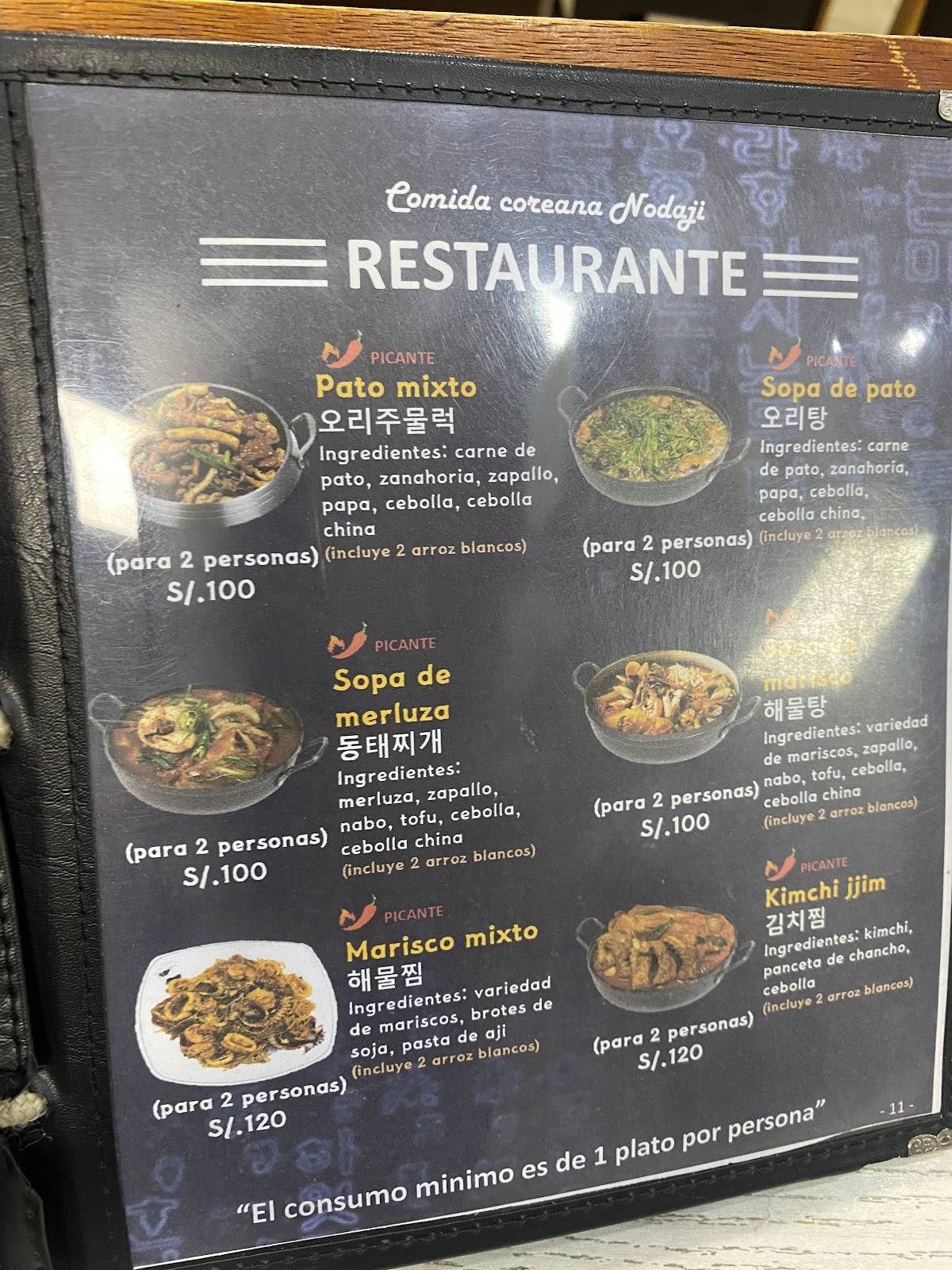 Carta de Restaurante Comida Coreana NODAJI, San Borja, Av. Aviación 3257