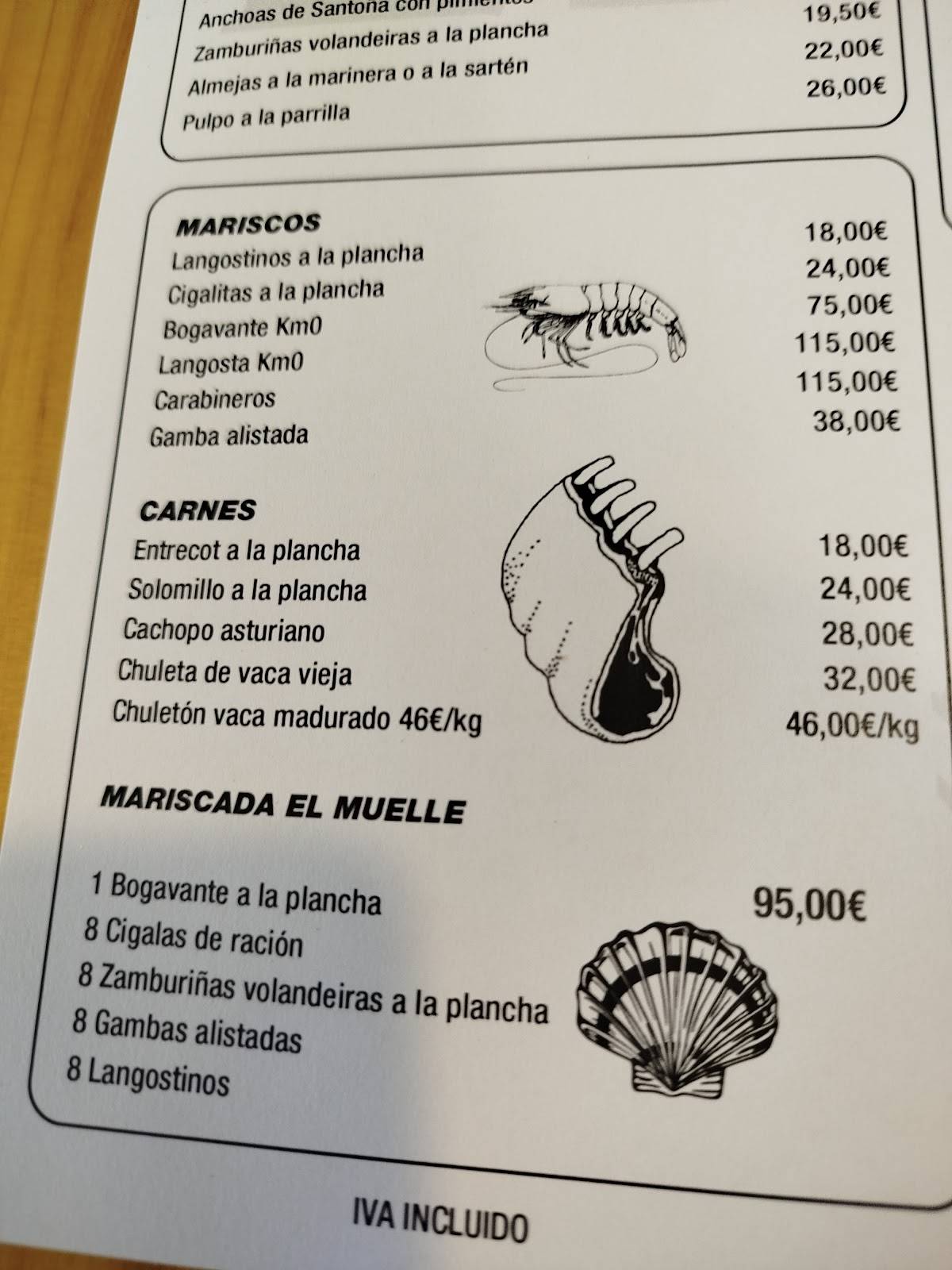 Carta de Restaurante El Muelle, Santander, Avenida Sotileza