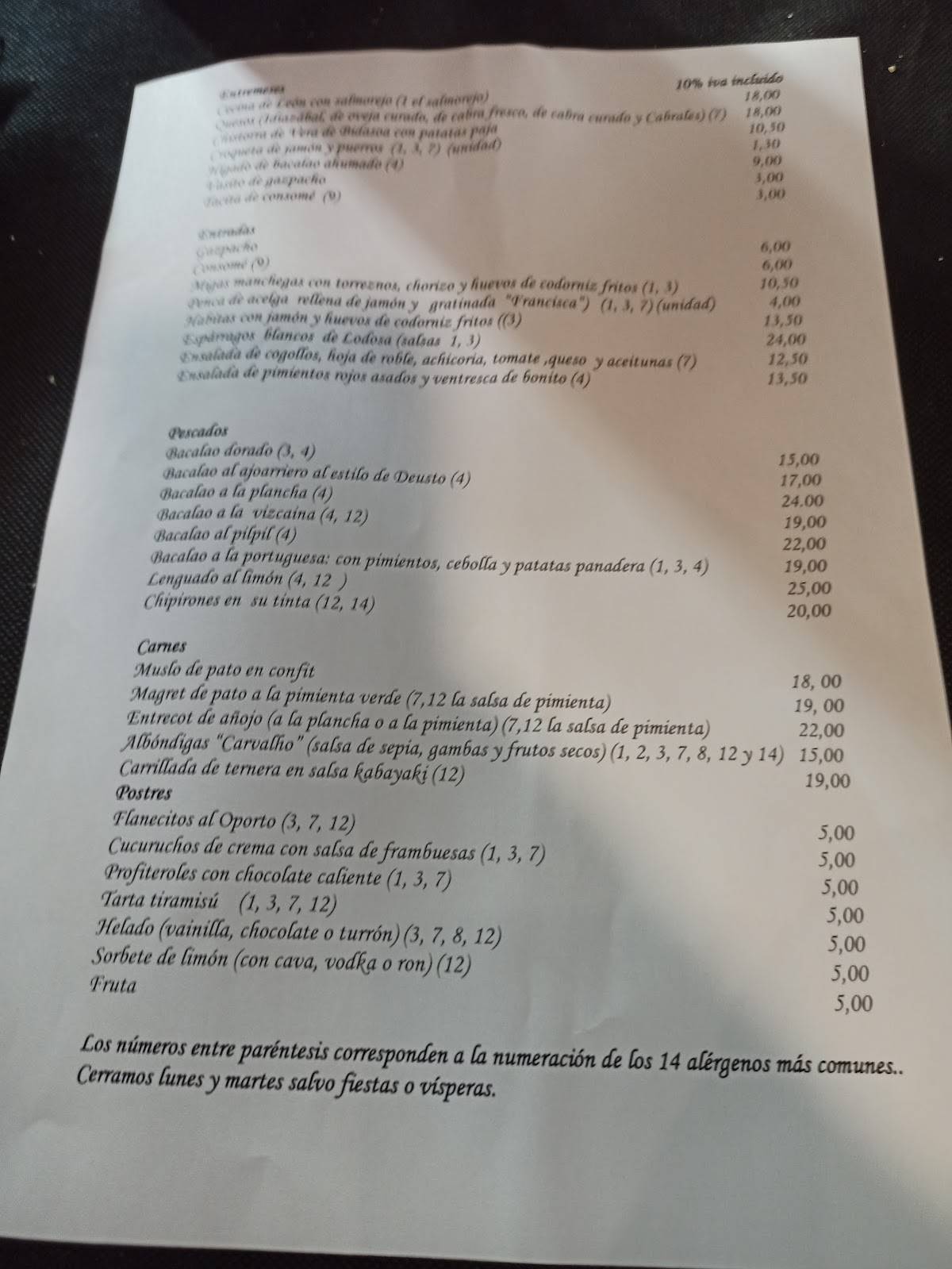 Carta de Restaurante Francisca, Madrid