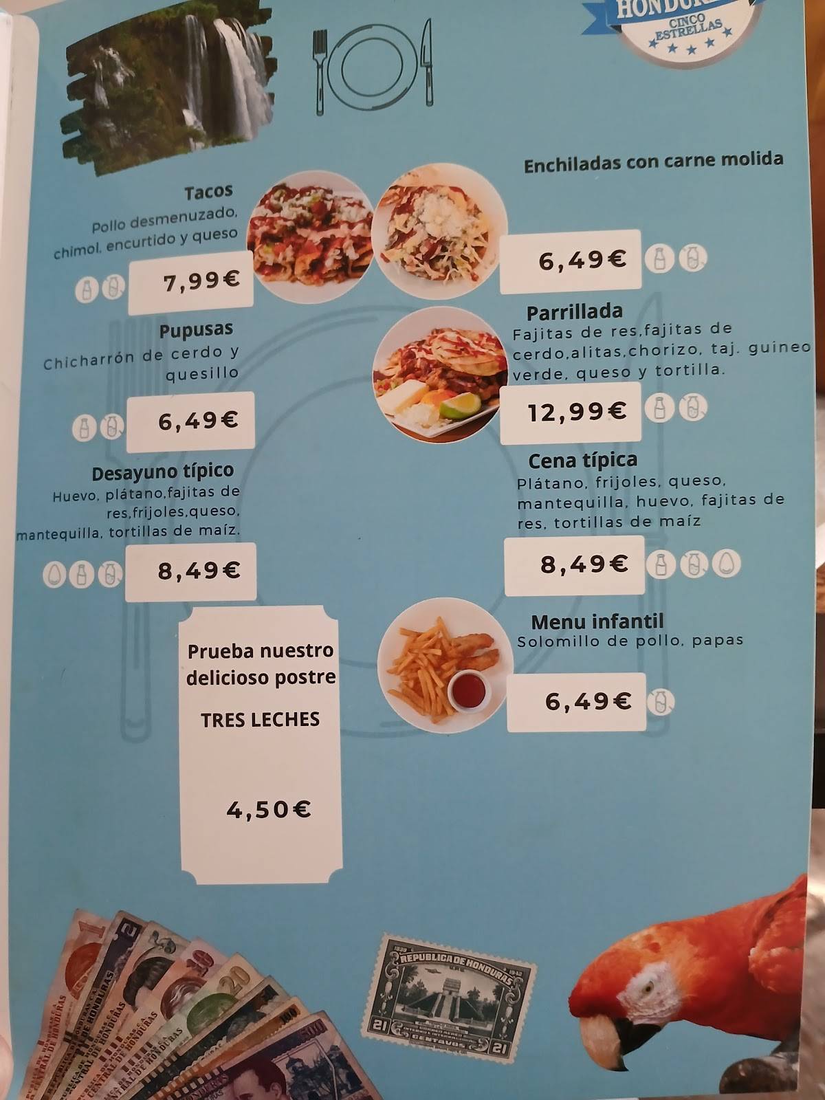 Carta de Restaurante Hondureño Cinco Estrellas, Valencia