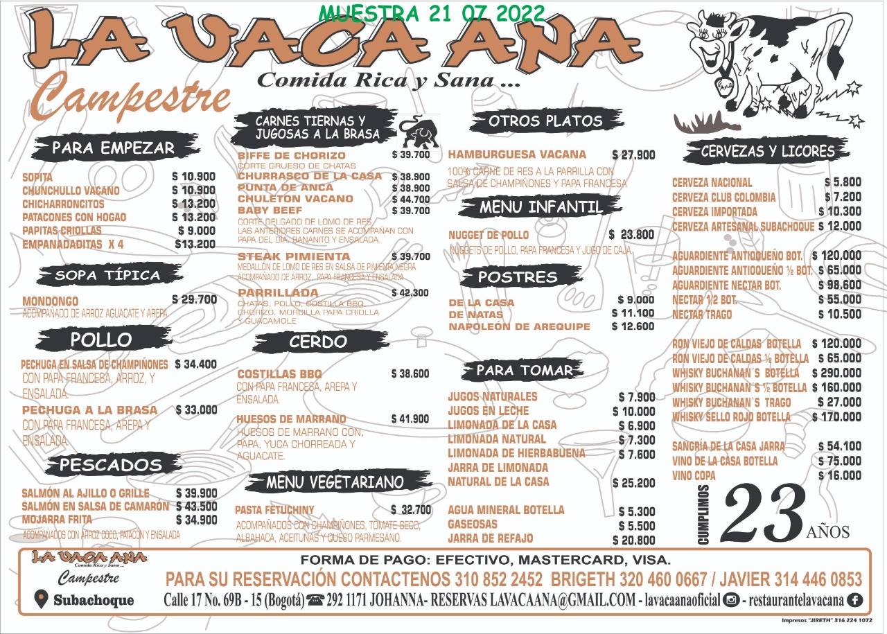 Carta de Restaurante La Vaca Ana Oficial Bogota, Bogotá, Cl. 17 #69B-15