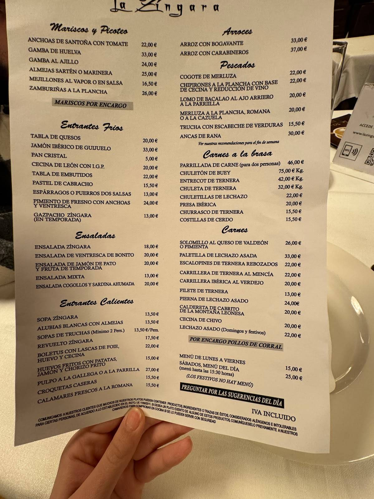 Carta de Restaurante La Zíngara, Santa María del Páramo