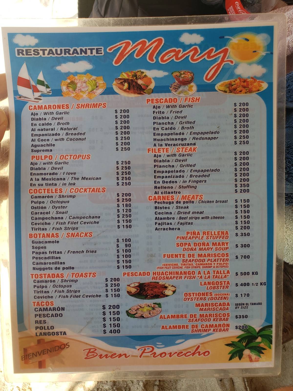 Menu at Restaurante Mary, Zihuatanejo, Playa la Ropa