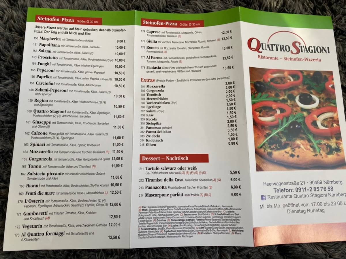Speisekarte von Restaurante Pizzeria Quattro Stagioni, Nürnberg