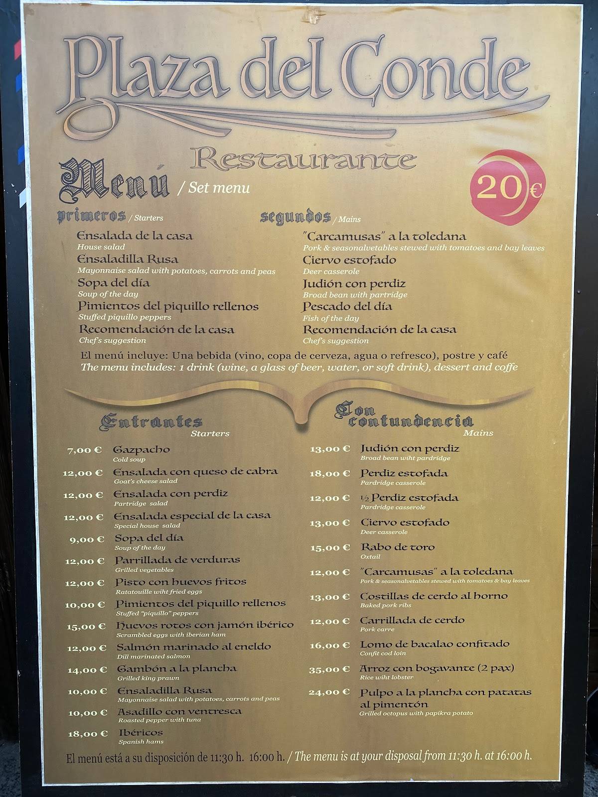 Carta de Restaurante Plaza del Conde, Toledo