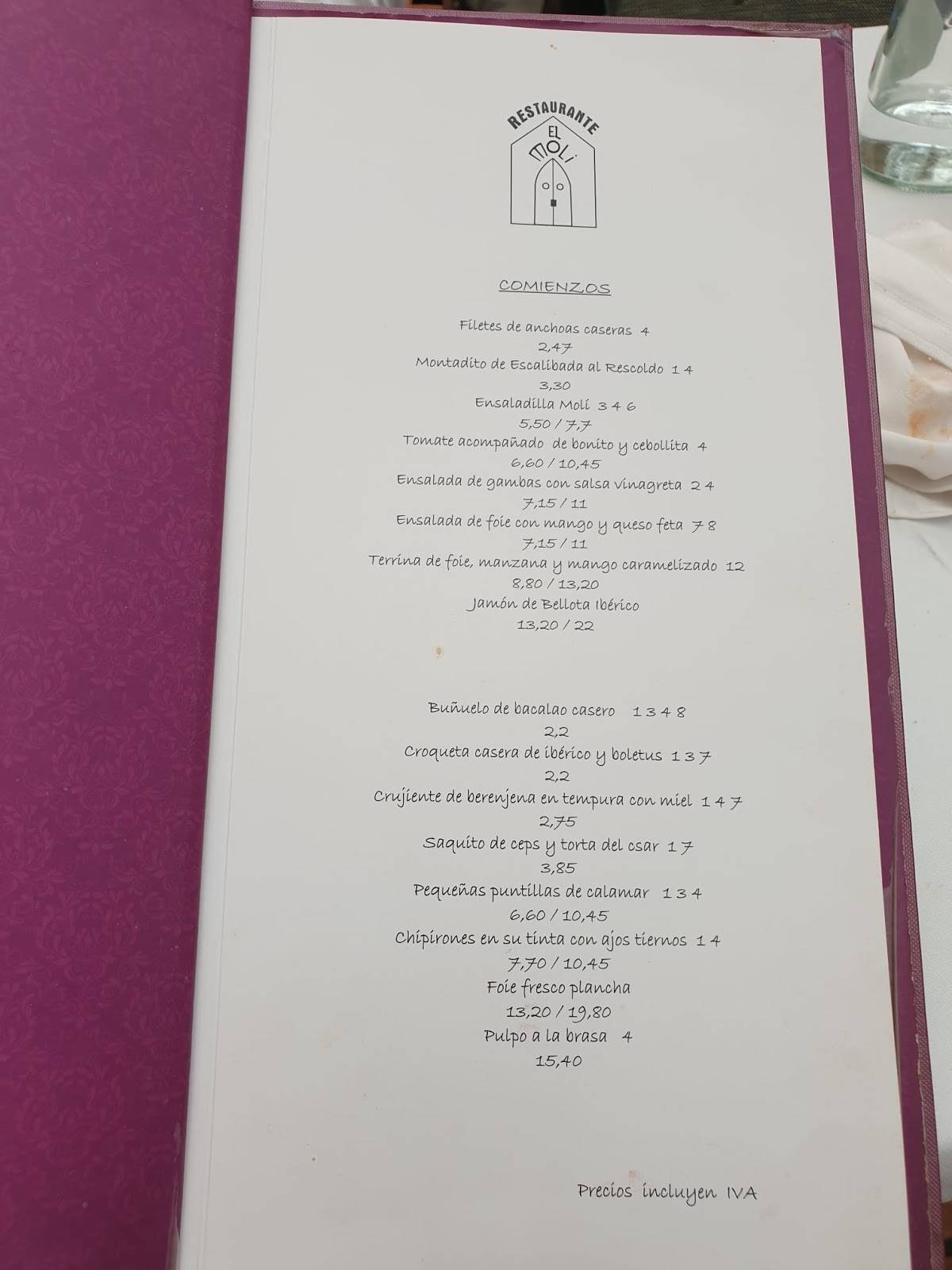 Carta de Restaurante El Molí, Puzol, Caminas 67