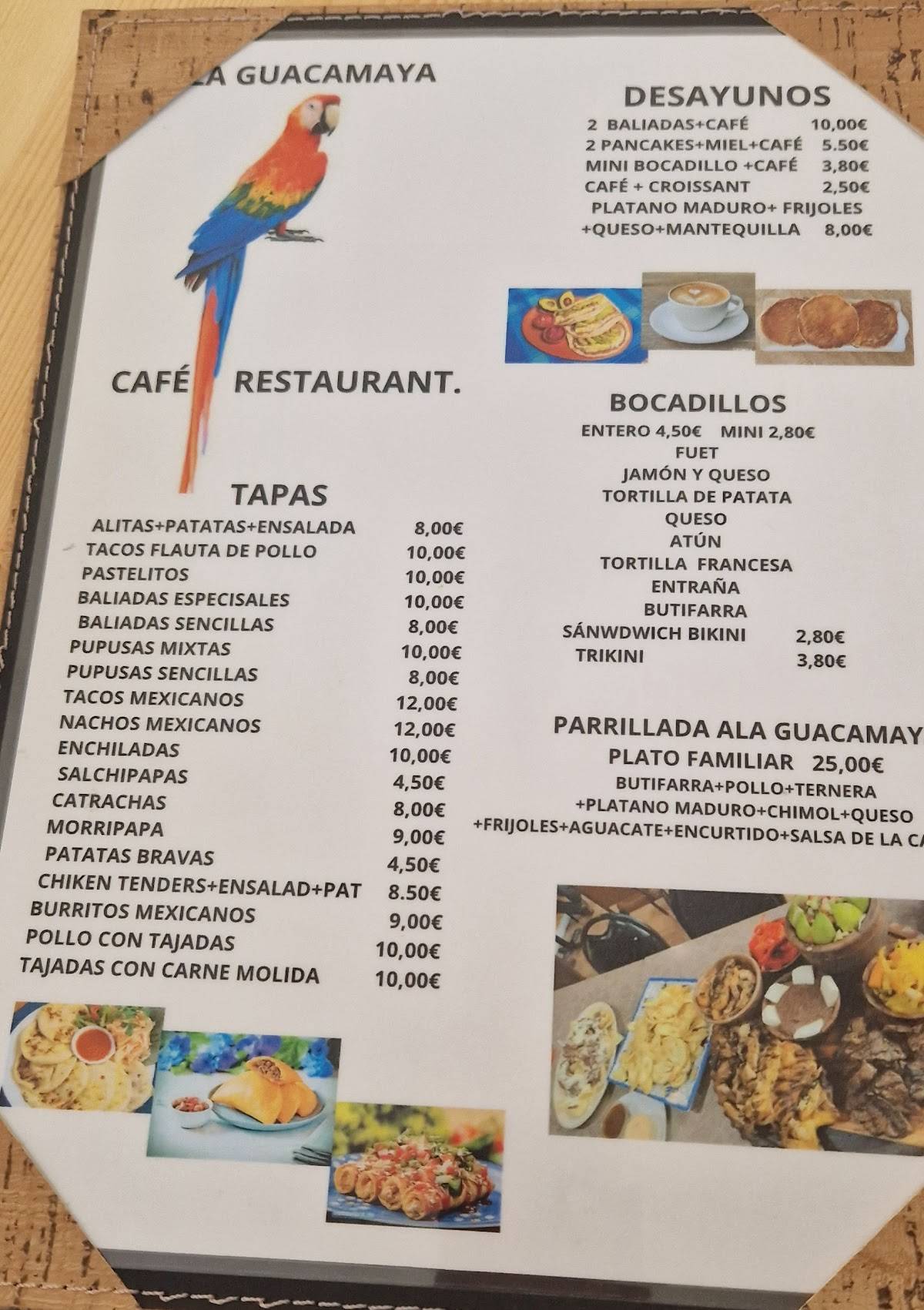Carta de Restaurante hondureño, La Guacamaya café Restaurant, Tarrasa
