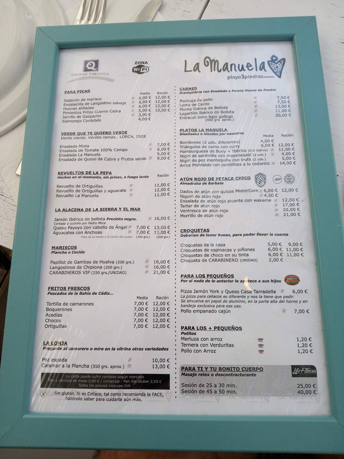 Carta de Restaurante la Manuela Cocina Copas, Chipiona, Playa de las ...