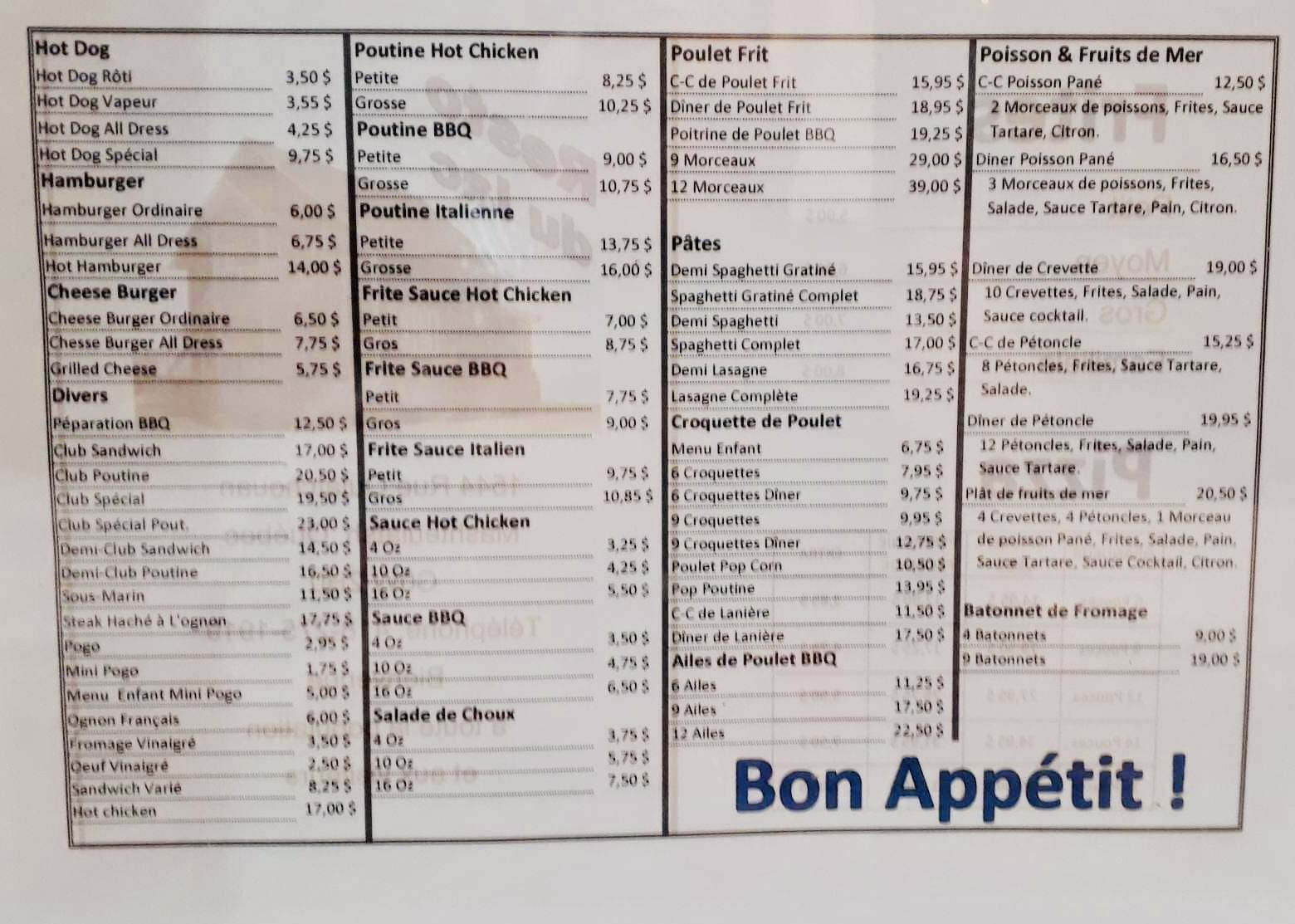 Menu au Resto Du Lac restaurant, Mashteuiatsh